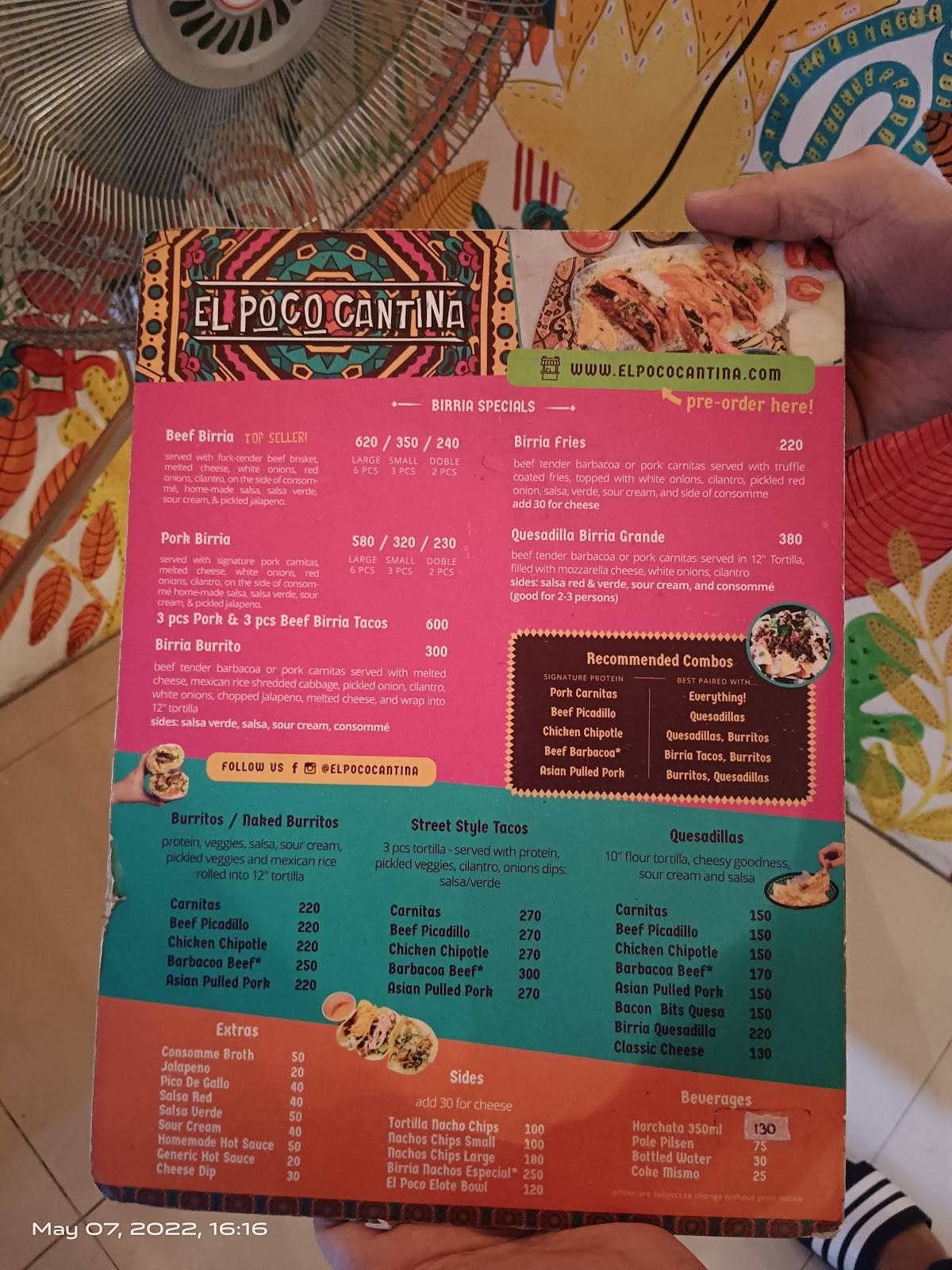 Menu at El Poco Cantina restaurant, Manila