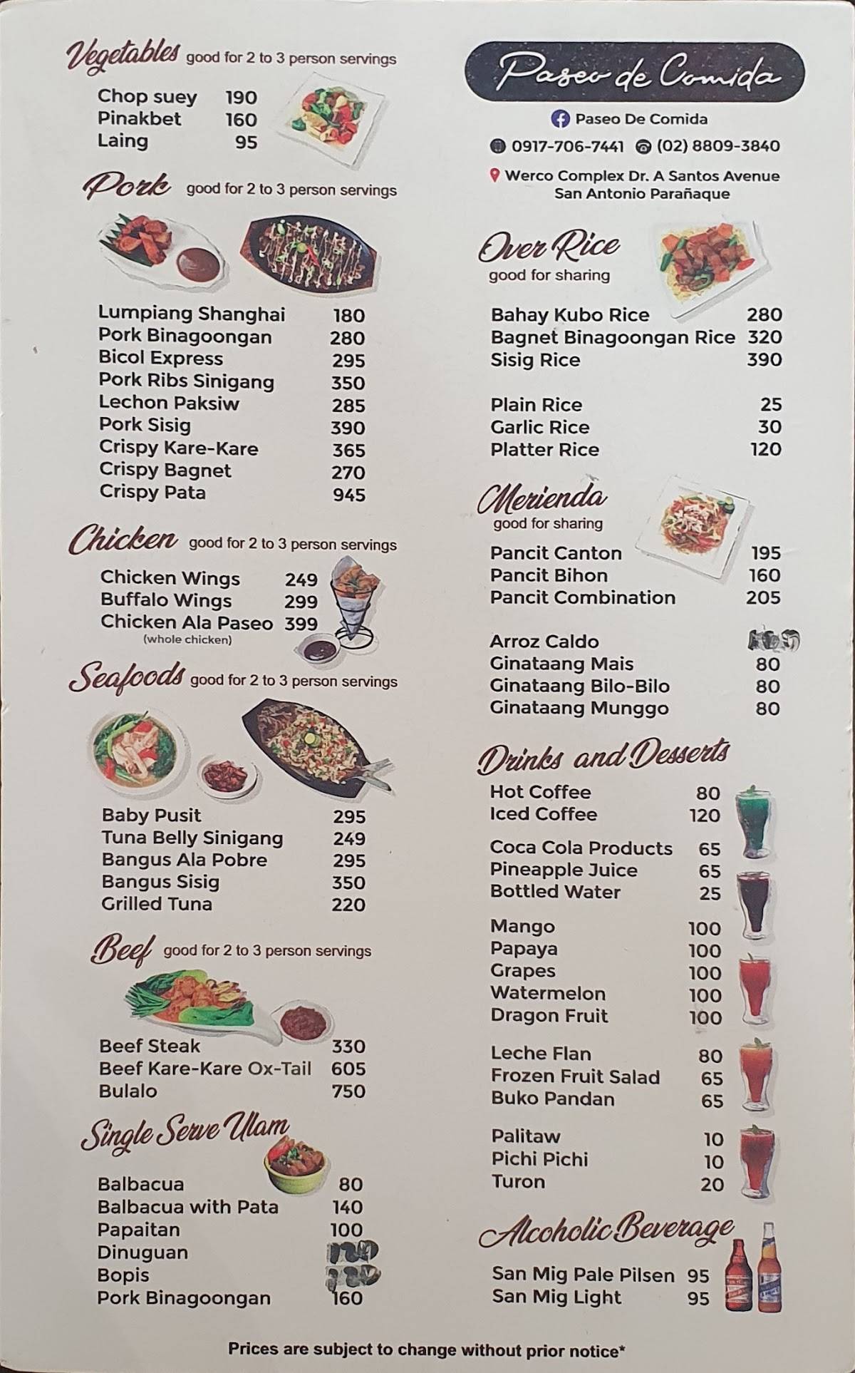 Menu at Paseo De Comida restaurant, Parañaque