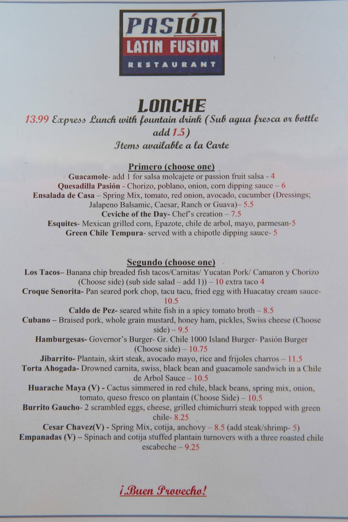 Menu at Pasión Latin Fusion Restaurant, Albuquerque