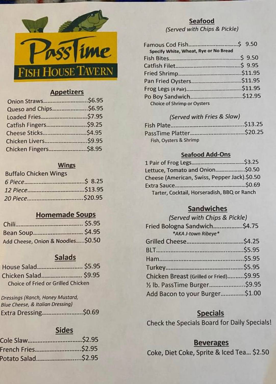 Menu at Passtime Fish House restaurant, Louisville