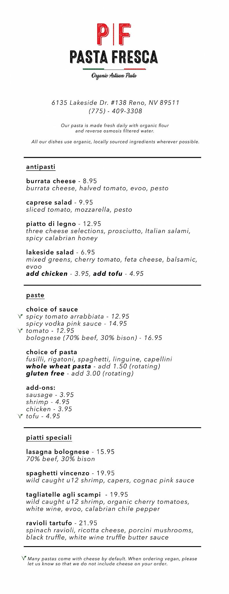 Menu at Pasta Fresca restaurant, Reno