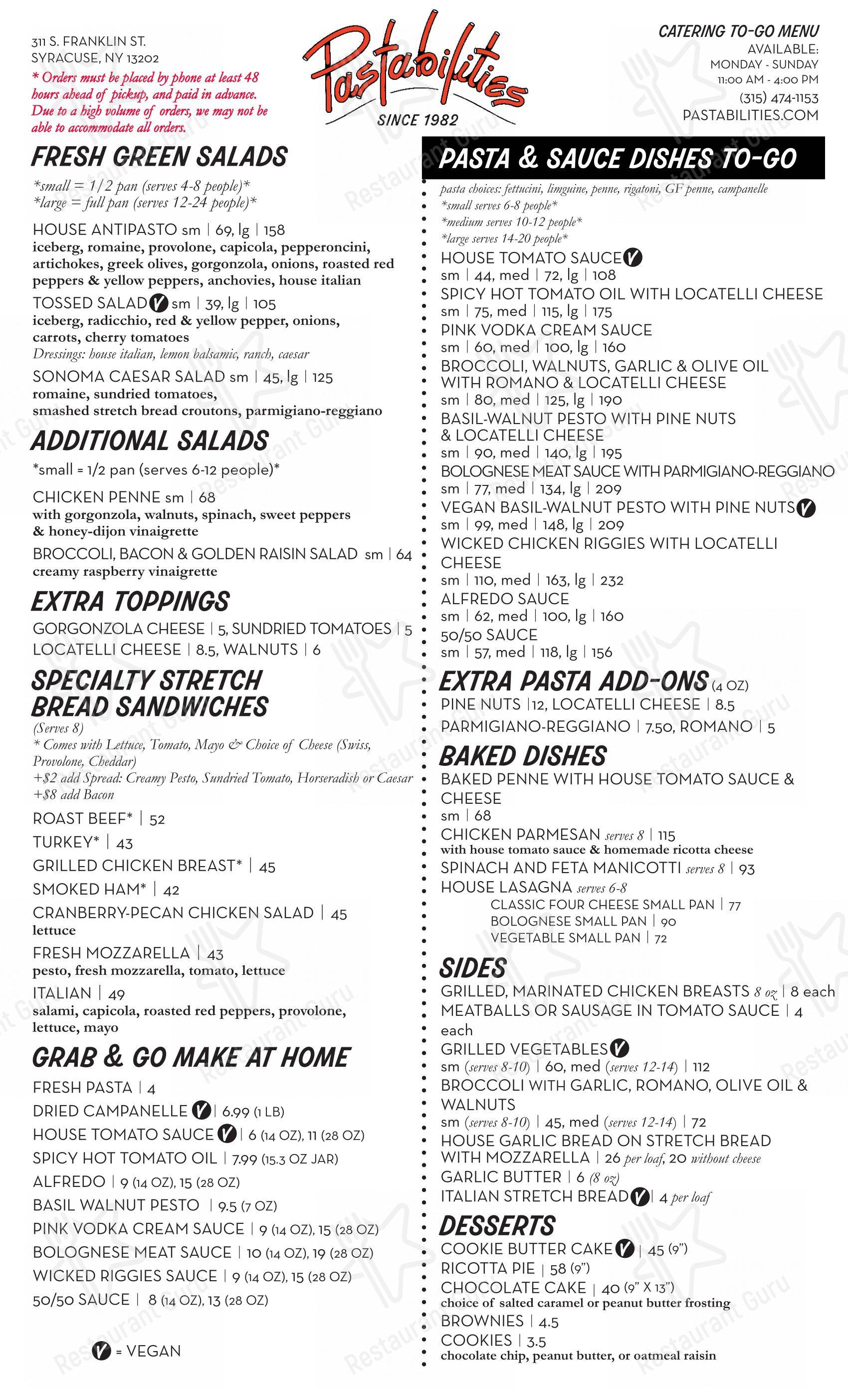 Menu at Pastabilities pizzeria, Syracuse