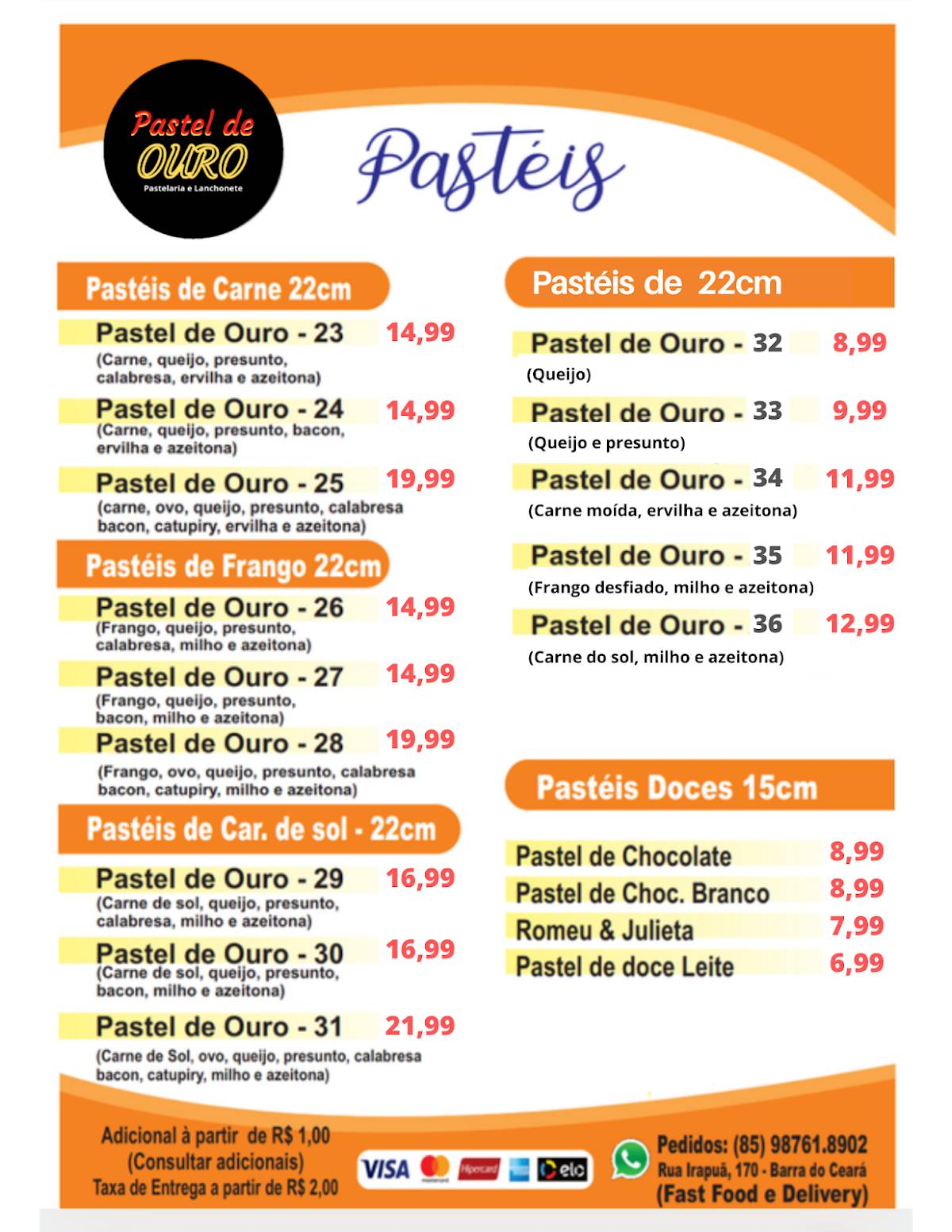 Menu at Pastel de ouro, Fortaleza