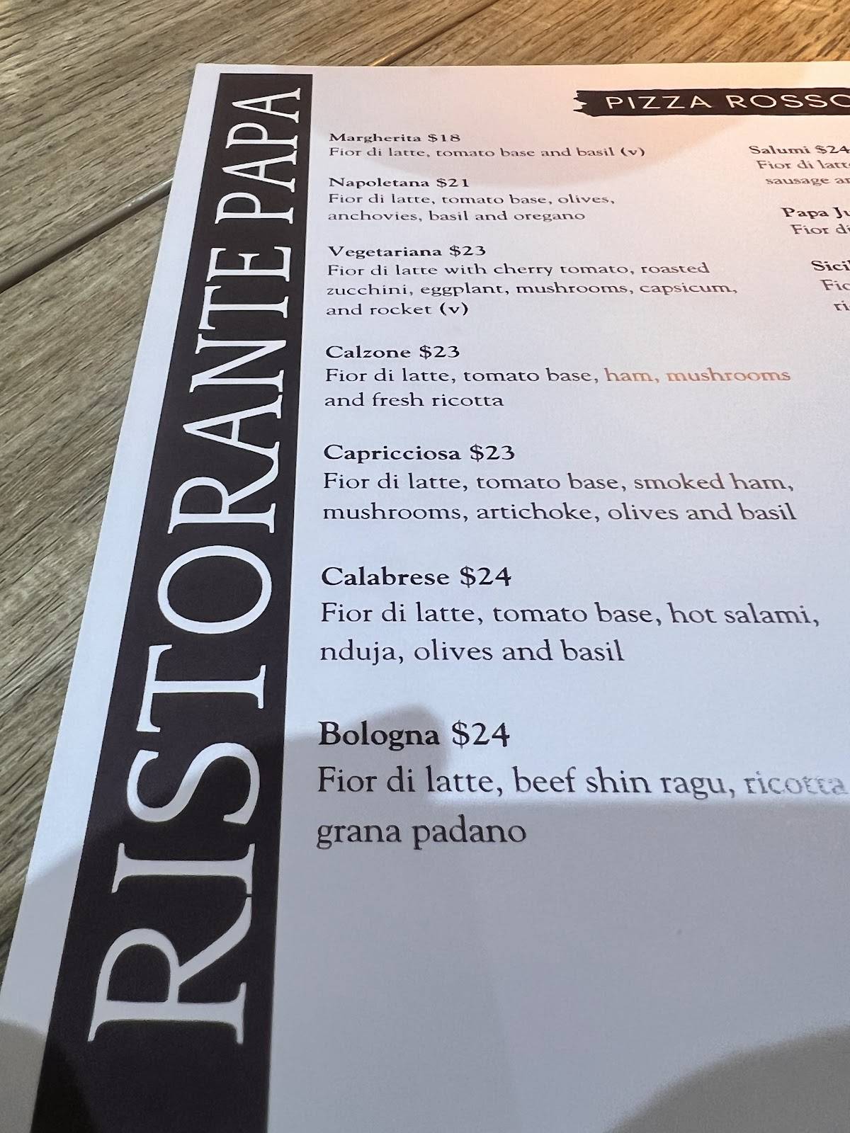 Menu at Pasticceria Papa cafe, Haberfield, 145 Ramsay St