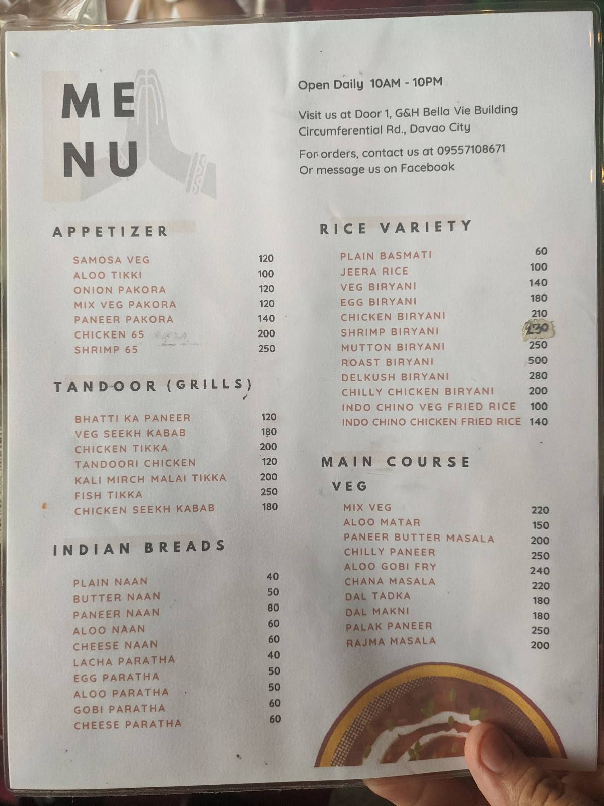 Menu at Patel's Food Hub restaurant, Davao City