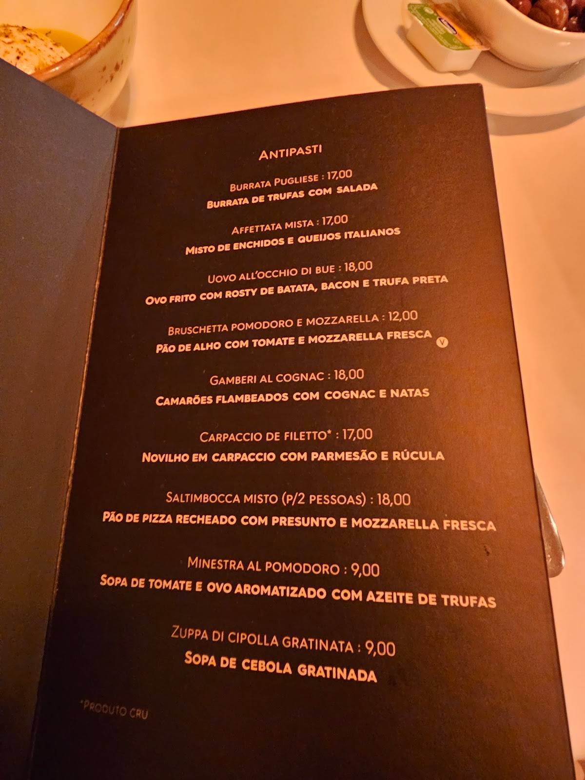 Menu at Pátio Antico restaurant, Oeiras