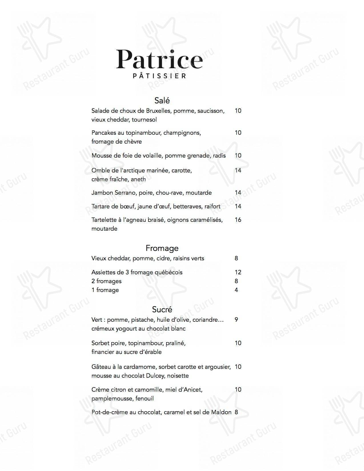 Menu at Patrice Pâtissier cafe, Montréal
