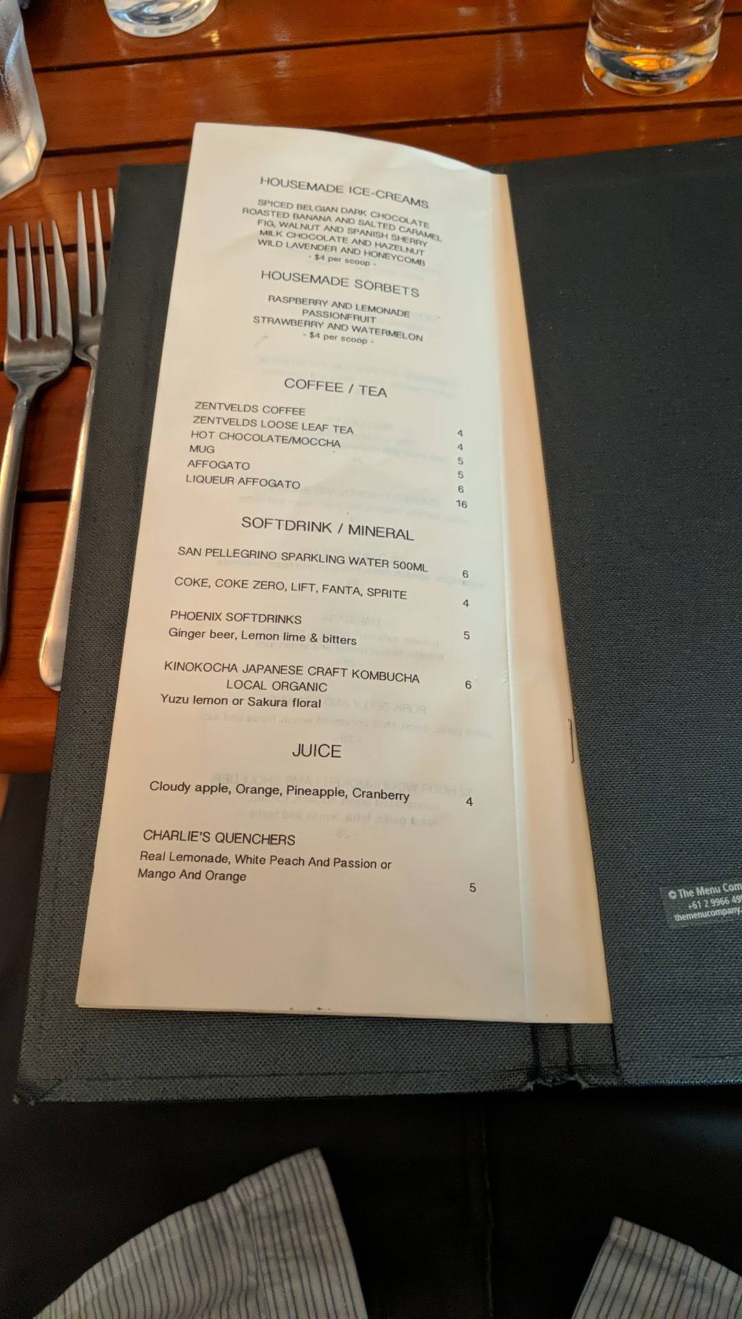 Menu at Patsy's restaurant, Urunga