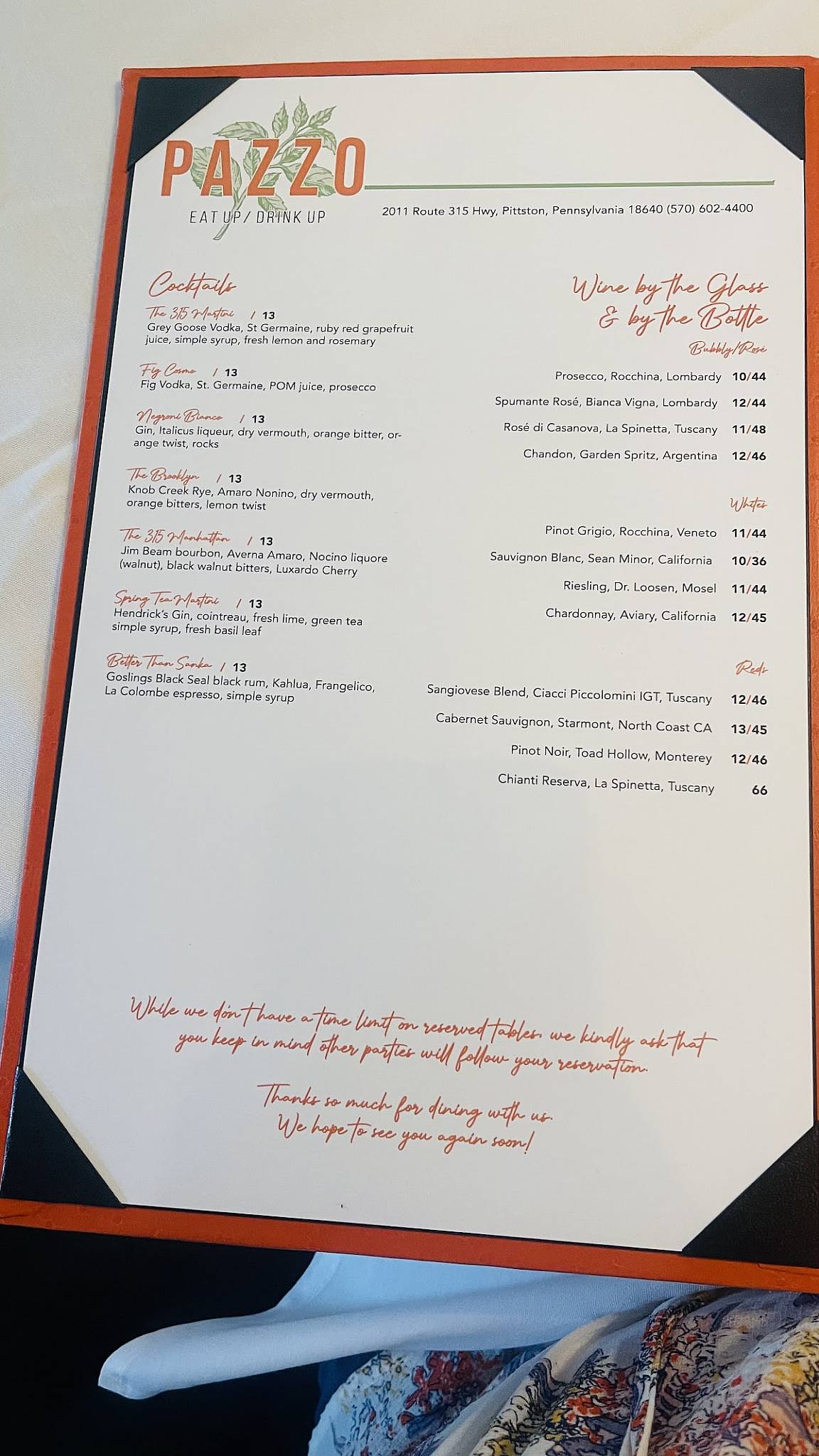 Menu at Pazzo restaurant, Pittston