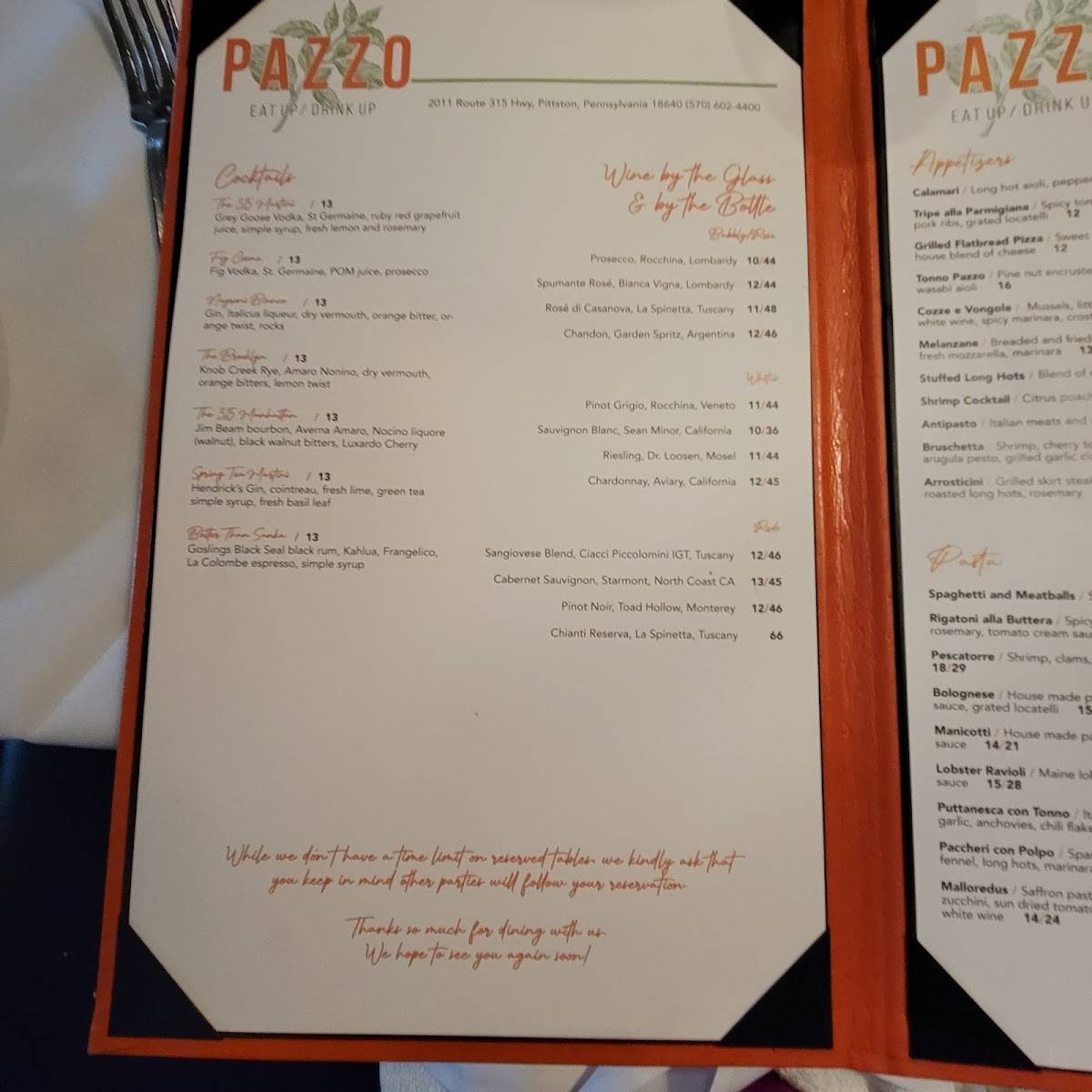 Menu at Pazzo restaurant, Pittston