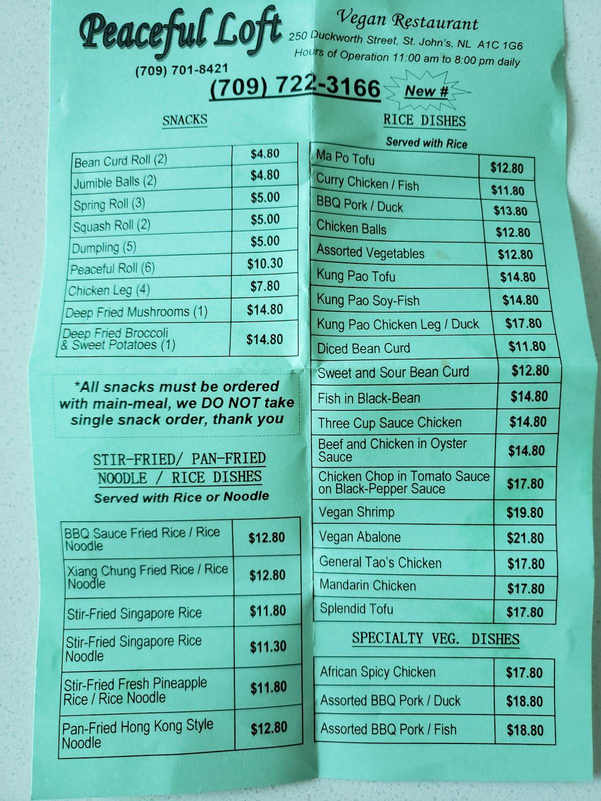 Menu at Peaceful Loft restaurant, St. John's