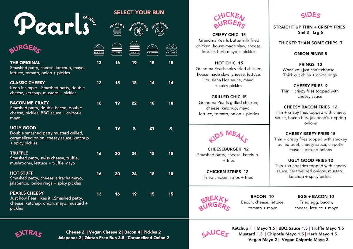 Menu at Pearls Burgers Noosa River restaurant, Noosaville