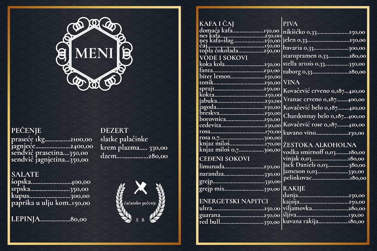 Menu au Pečenje SB restaurant, Zlatibor