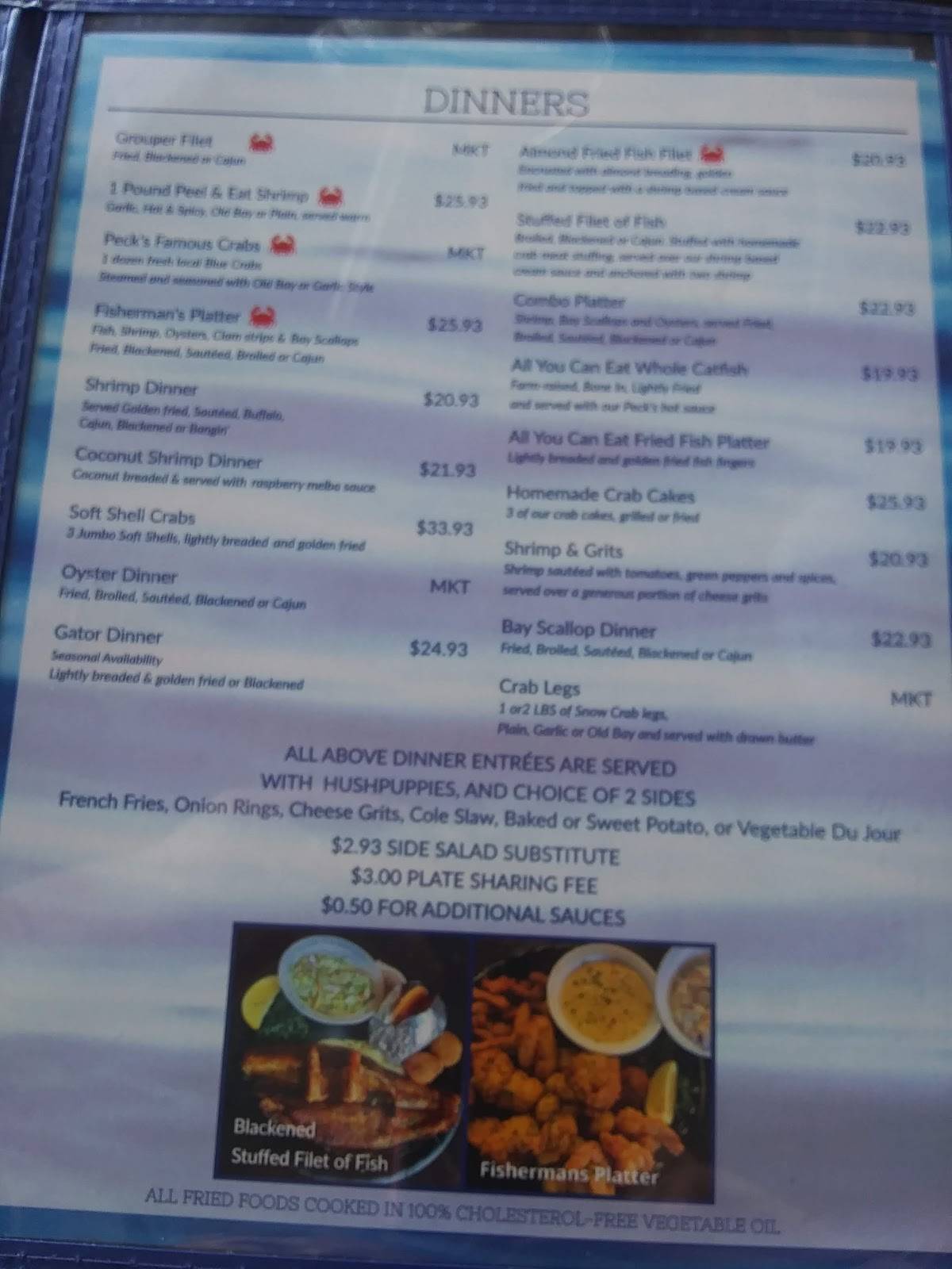 Menu at Peck's Old Port Cove restaurant, Crystal River