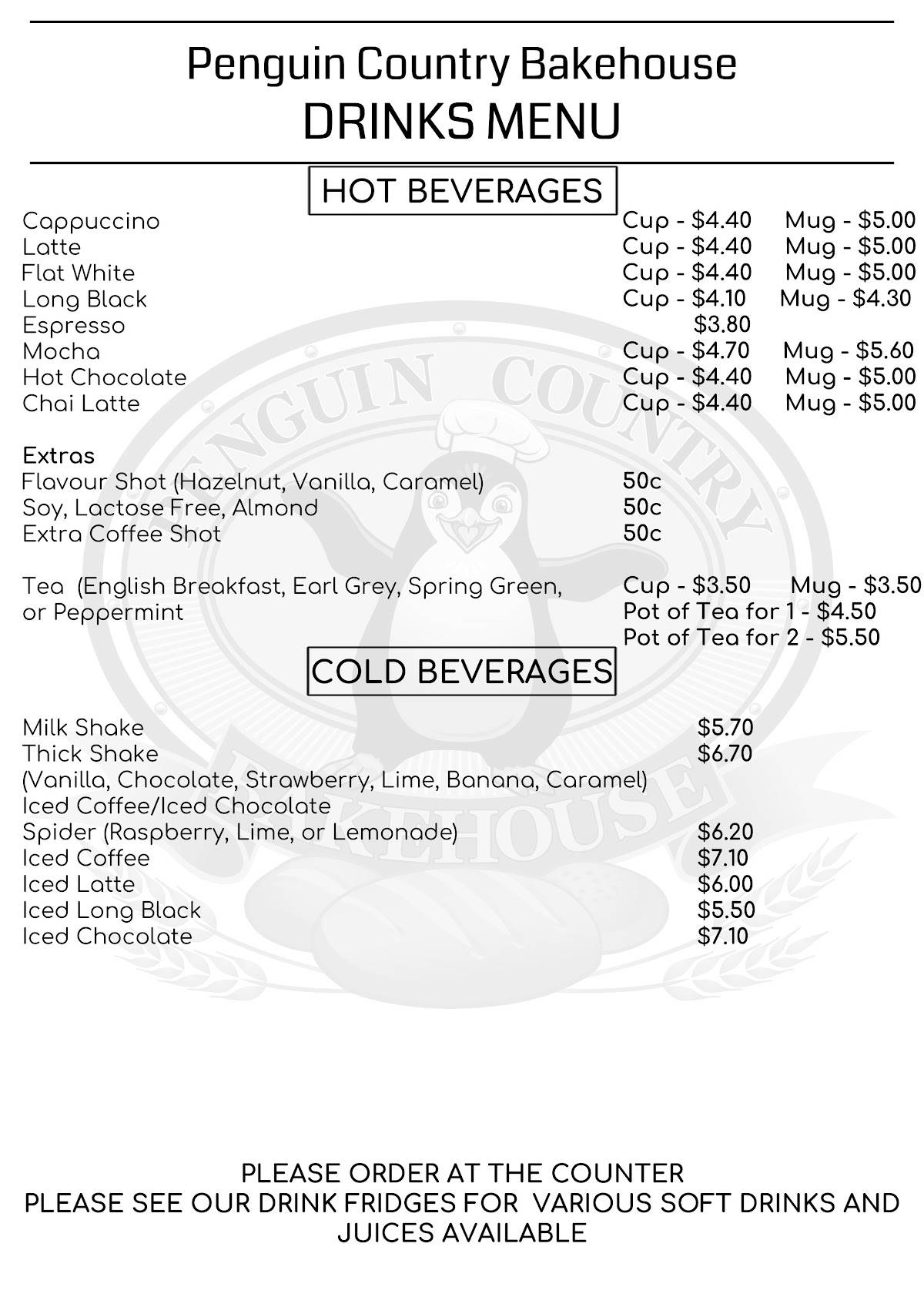 Menu at Penguin Country Bakehouse cafe, Penguin
