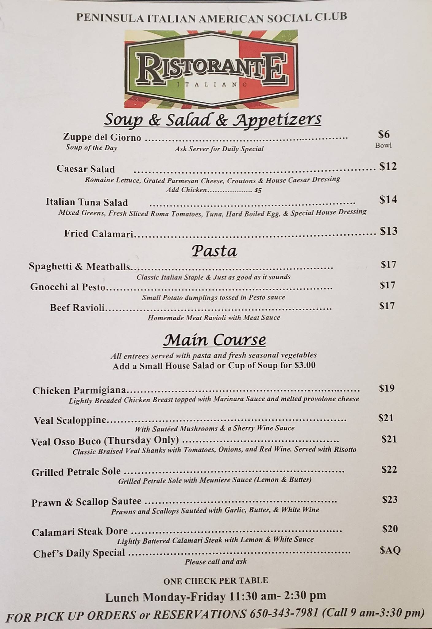 Menu at Peninsula Italian American Social Club, San Mateo