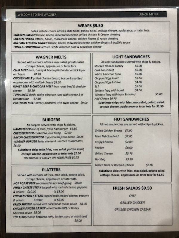 Menu at The Wagner Restaurant, Penn Yan