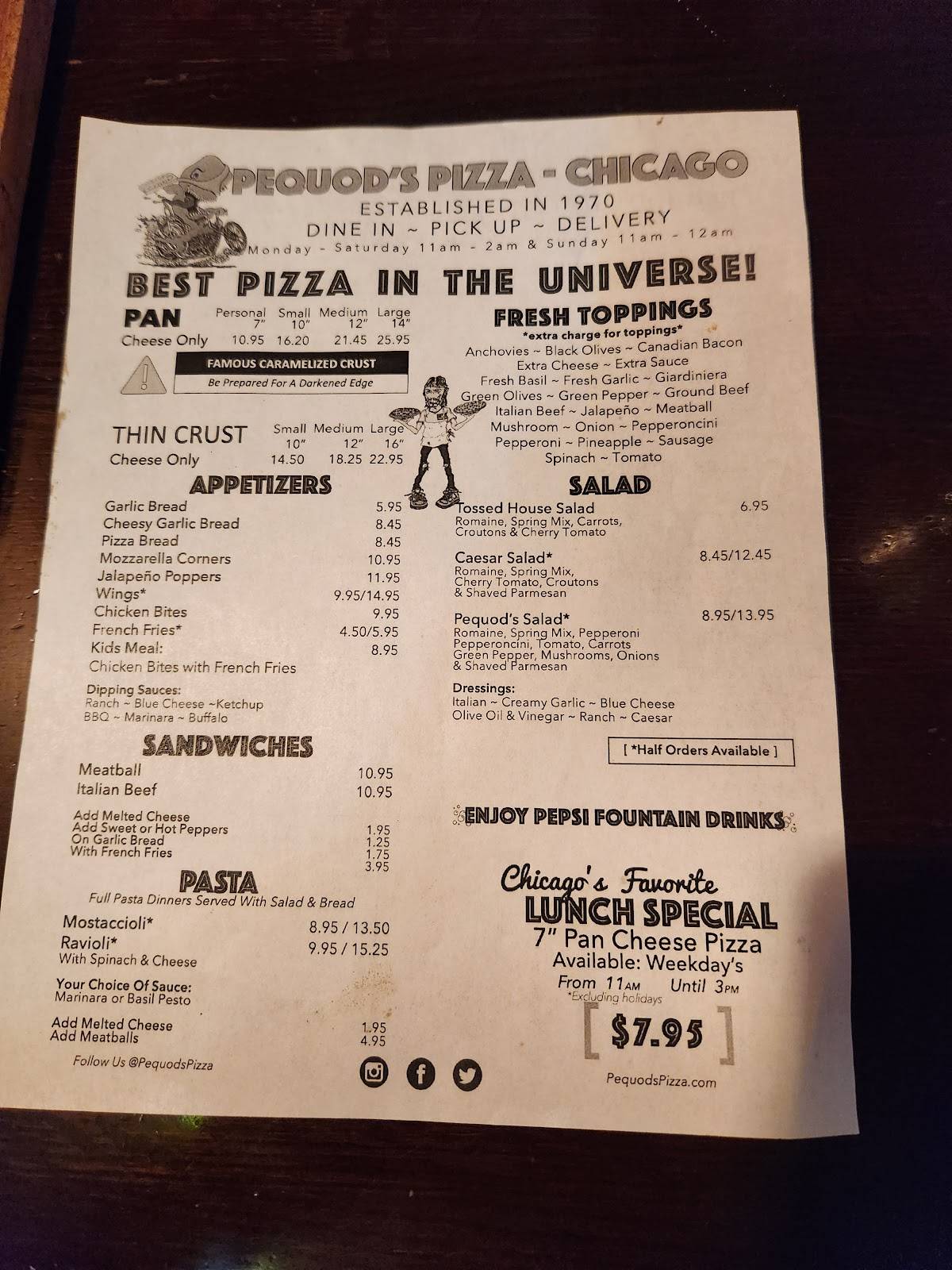 Menu at Pequod's Pizza pizzeria, Chicago, N Clybourn Ave