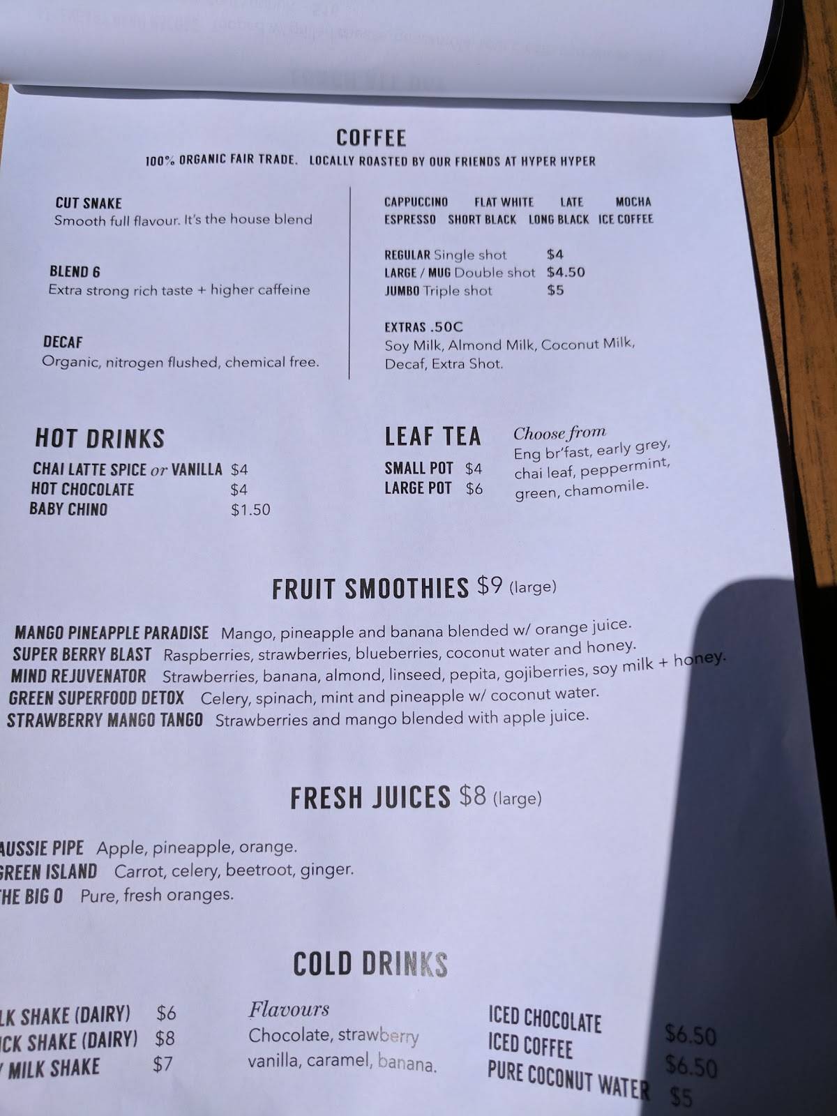 Menu at Perfect Break Cafe, Gerringong