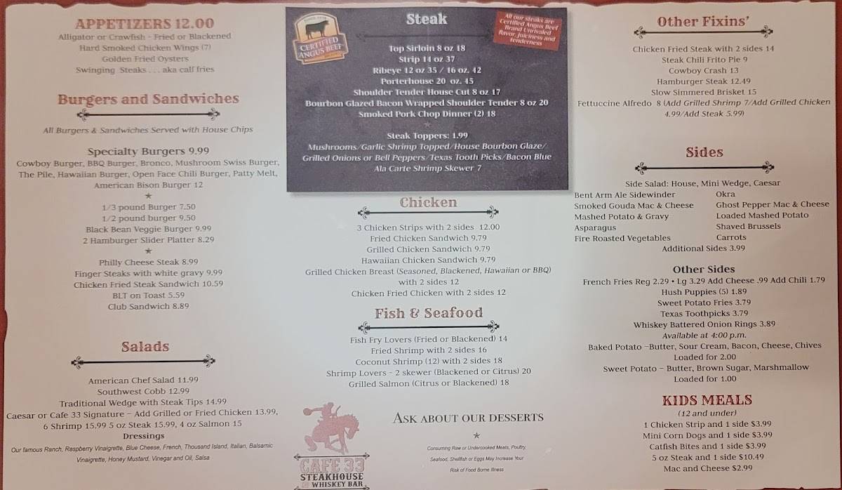 Menu at Cafe 33 Steakhouse and Whiskey Bar, Perkins