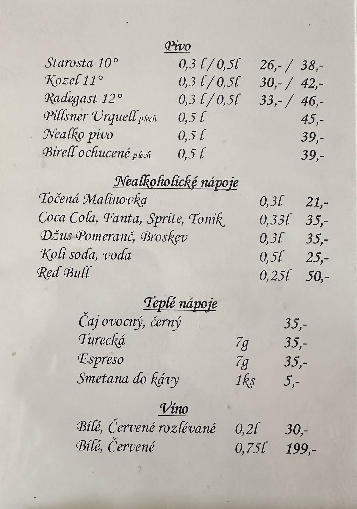 Menu at Perón Restaurant, Benešov