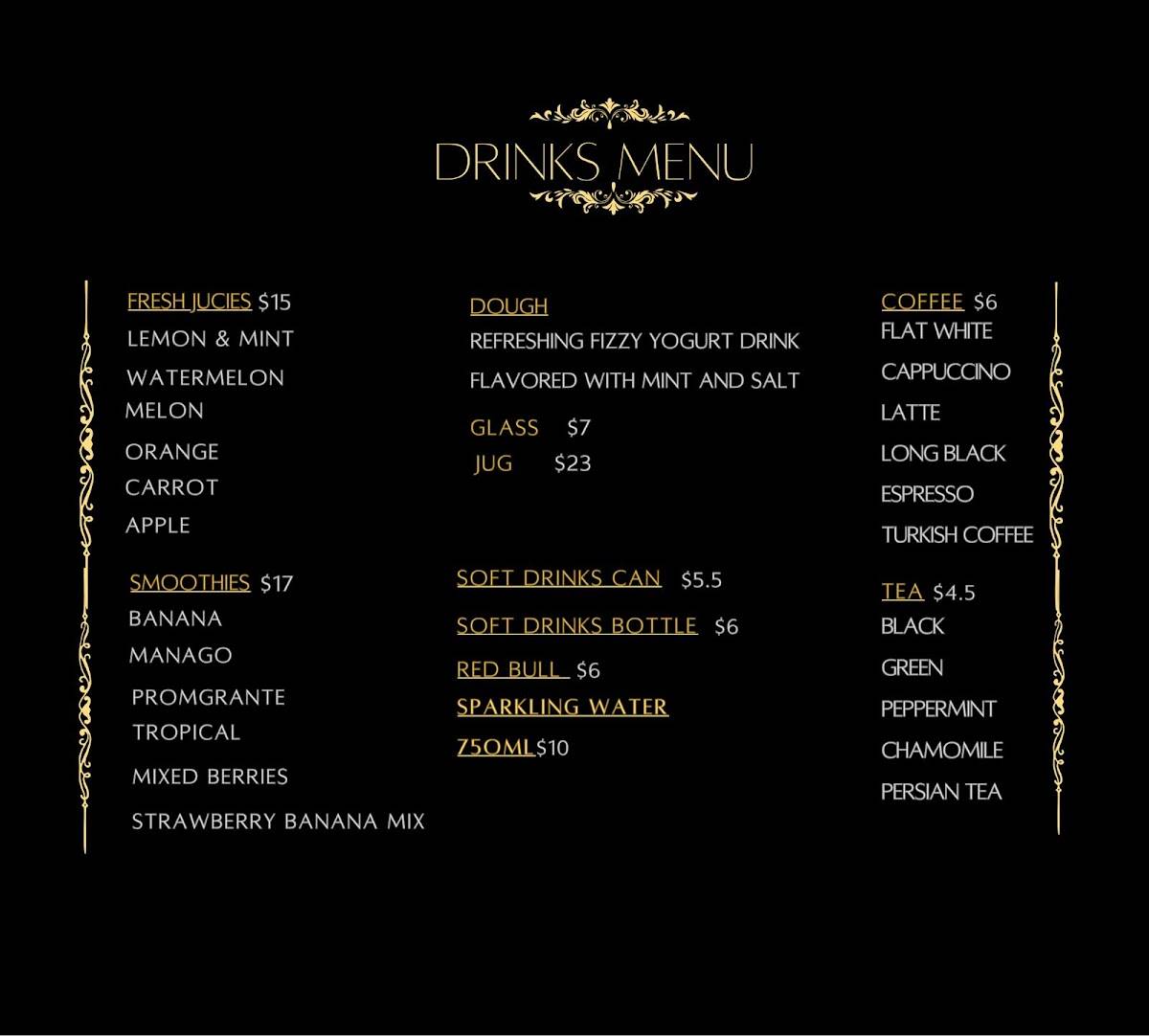 Menu at Luxus Lounge restaurant, Perth