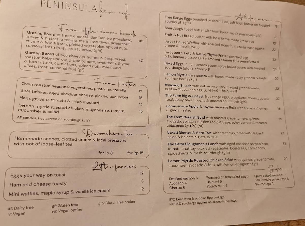 Menu at Peninsula Farm Cafe, Maylands