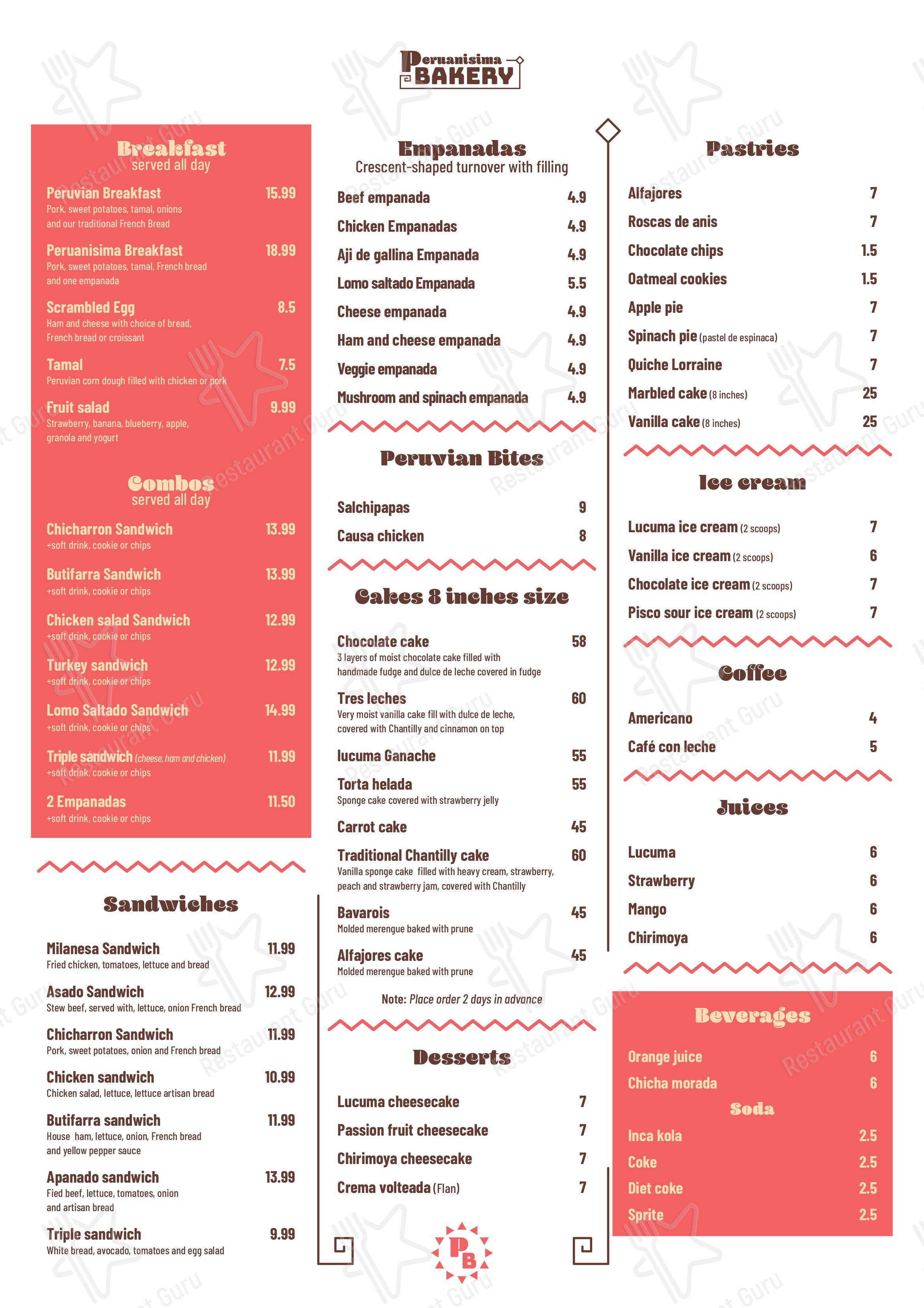Menu at Peruanisima Bakery and Cafe, Altamonte Springs