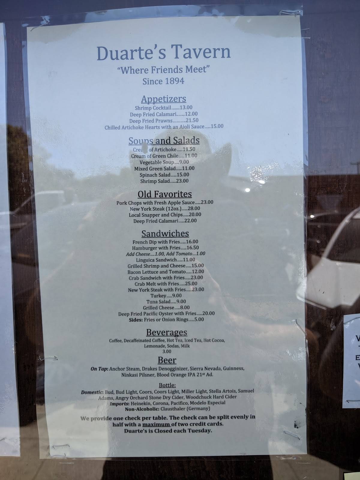 Menu at Duarte's Tavern restaurant, Pescadero