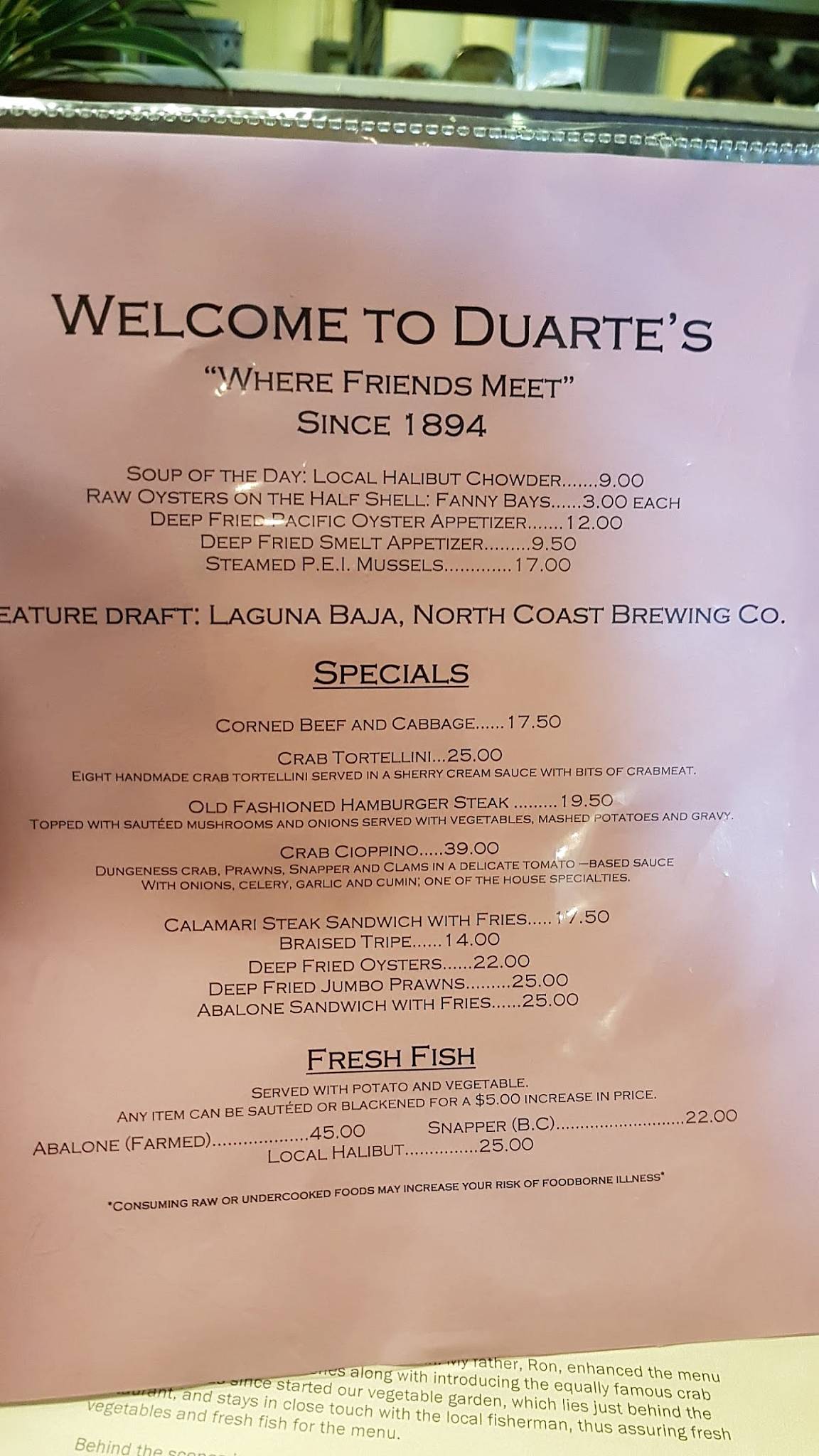 Menu at Duarte's Tavern restaurant, Pescadero
