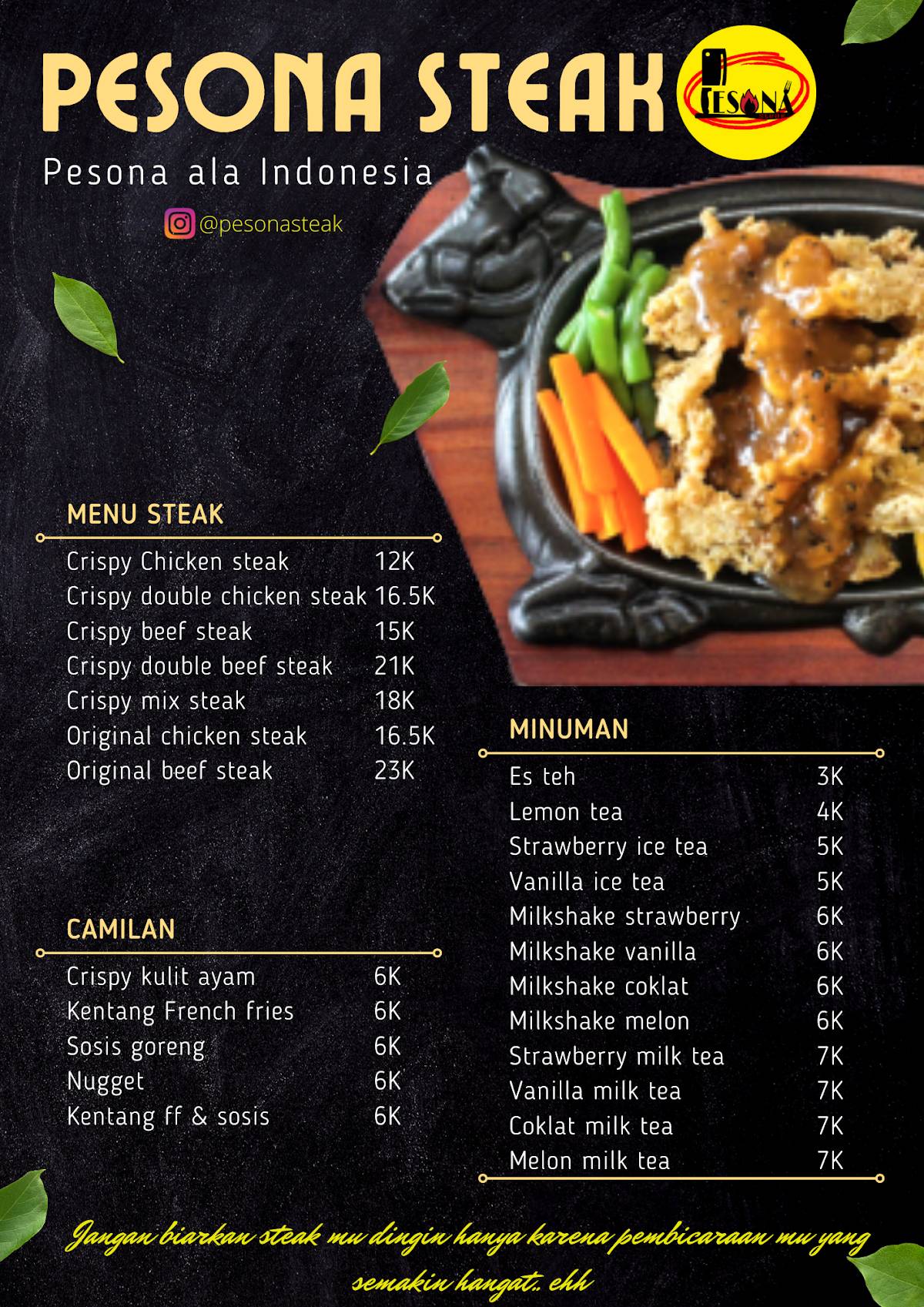 Carta de Pesona steak, Karangmalang