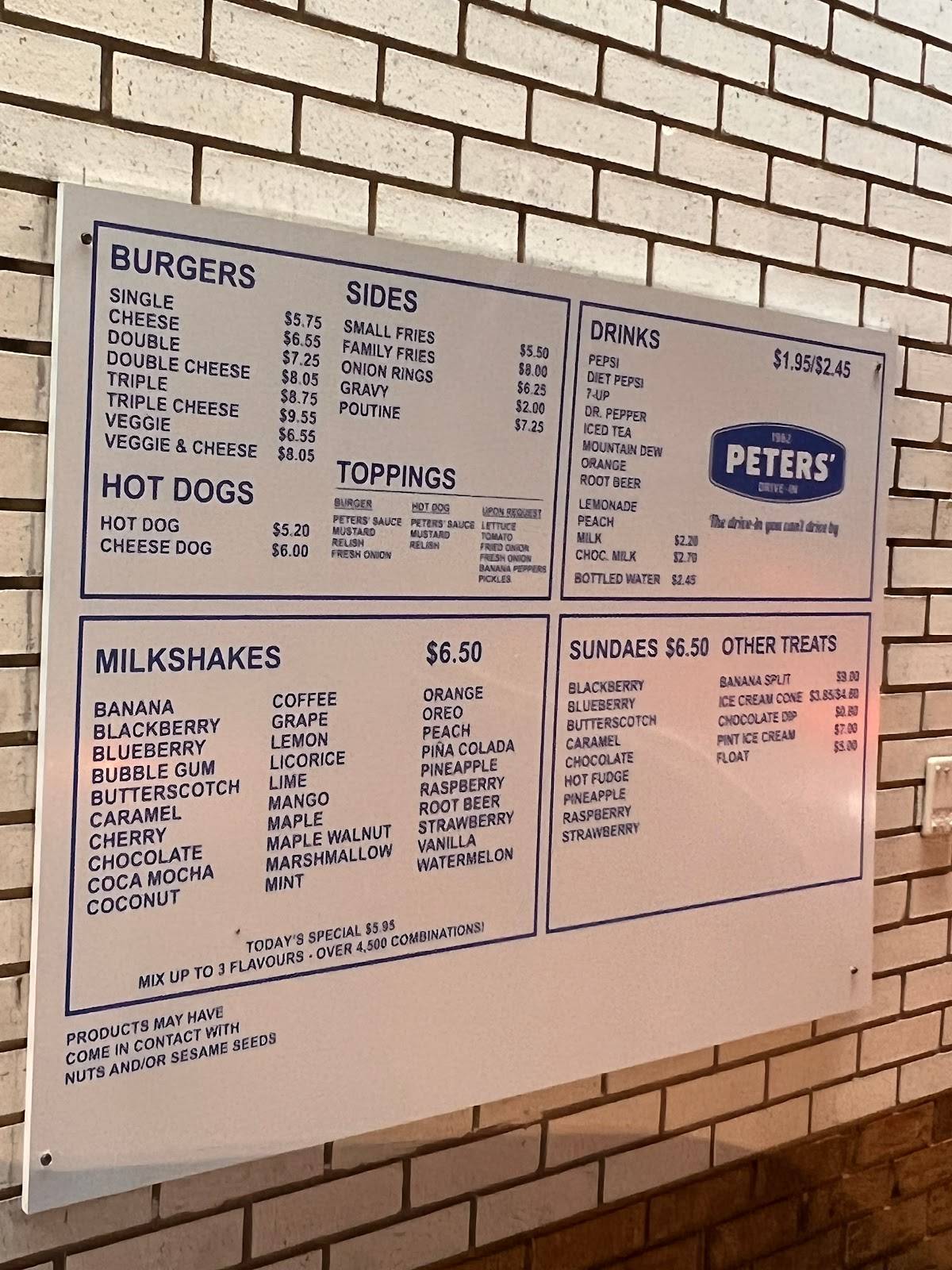 Menu at Peters' Drive-In fast food, Calgary