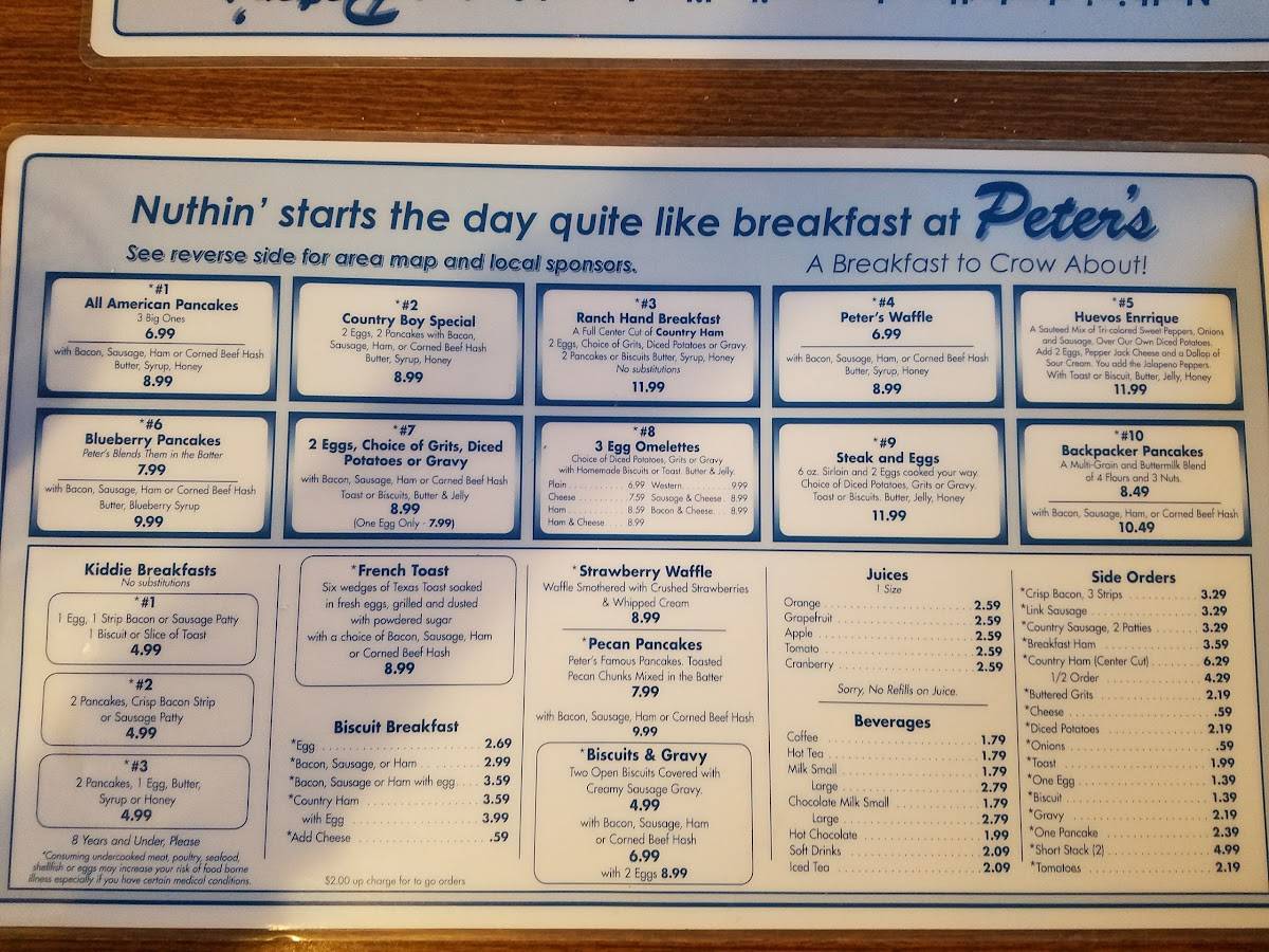 Menu at Peter's Pancakes & Waffles restaurant, Cherokee, Tsali Blvd