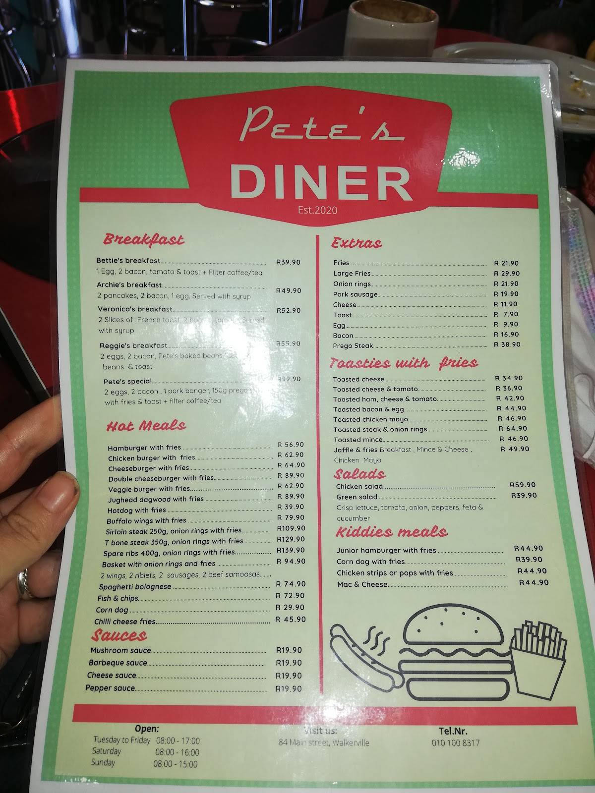 Menu at Pete's Diner restaurant, Walkerville