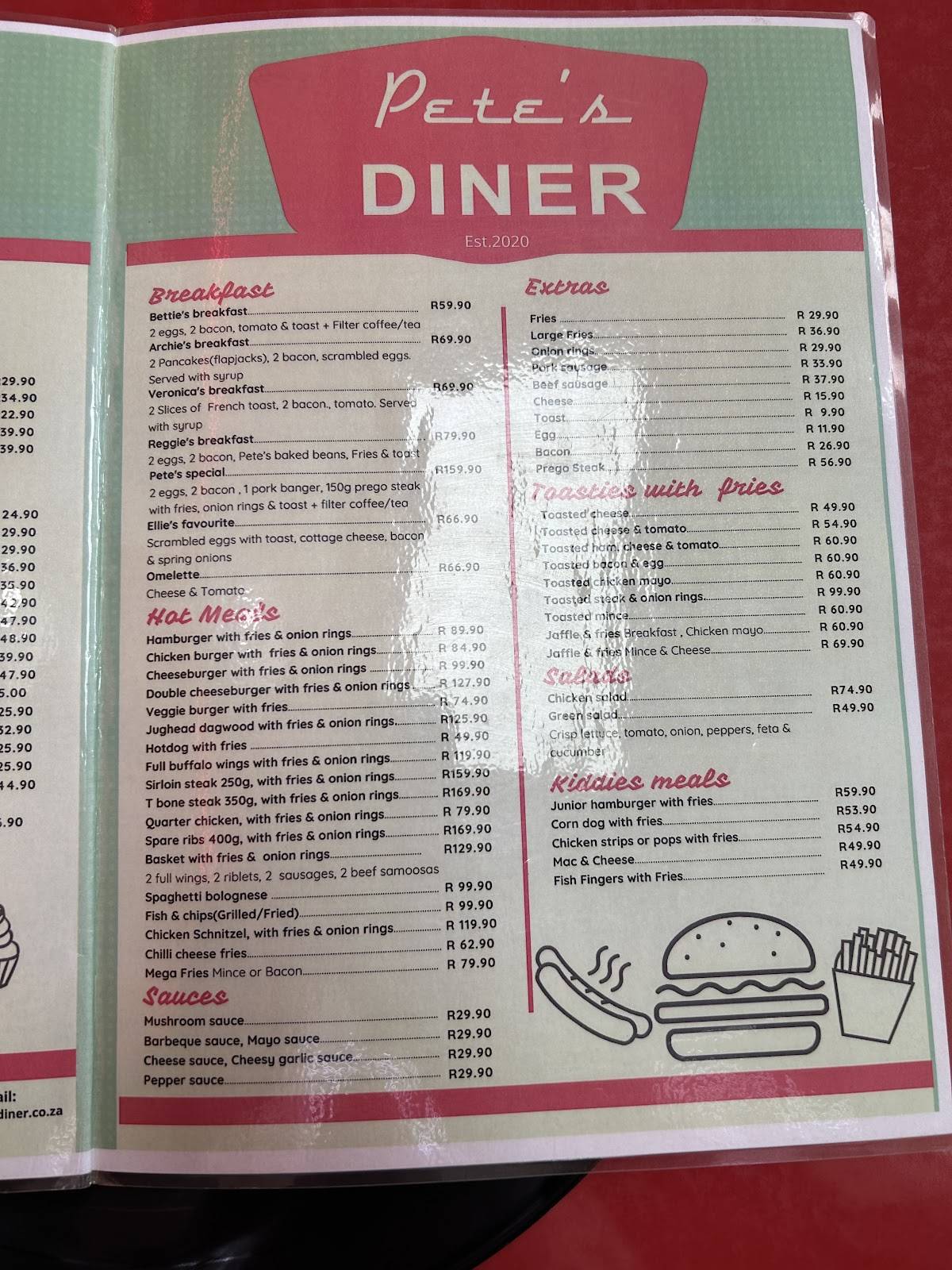 Menu at Pete's Diner restaurant, Walkerville
