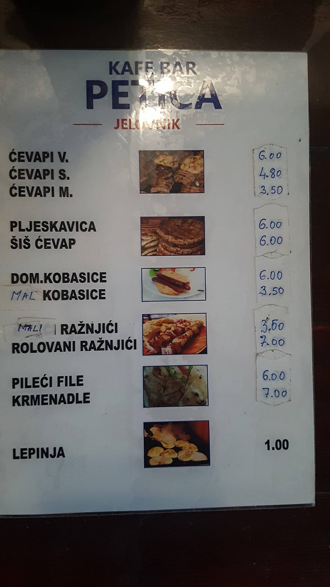 Menu at Petica restaurant, Omarska