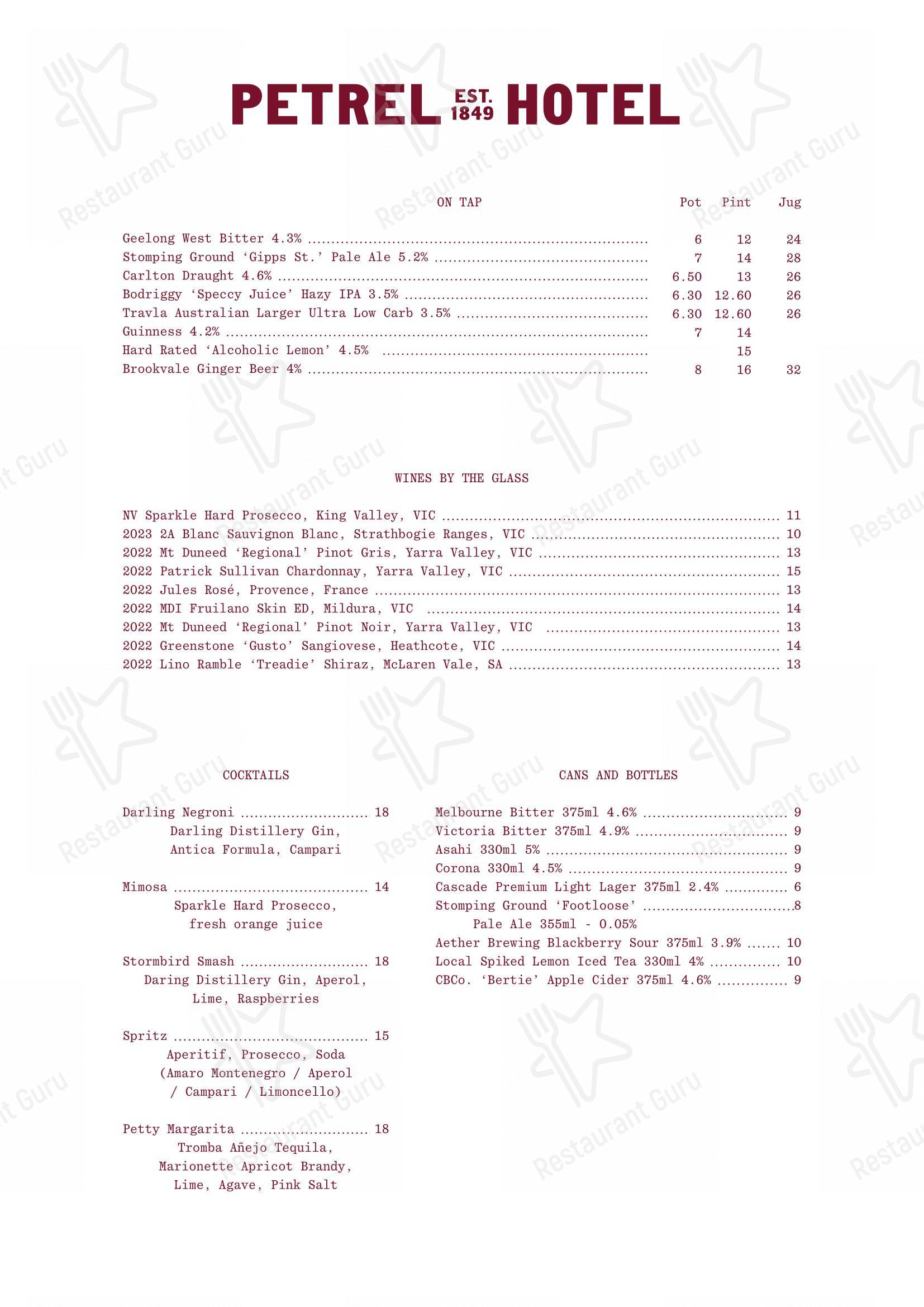 Menu at Petrel Hotel restaurant, Geelong West