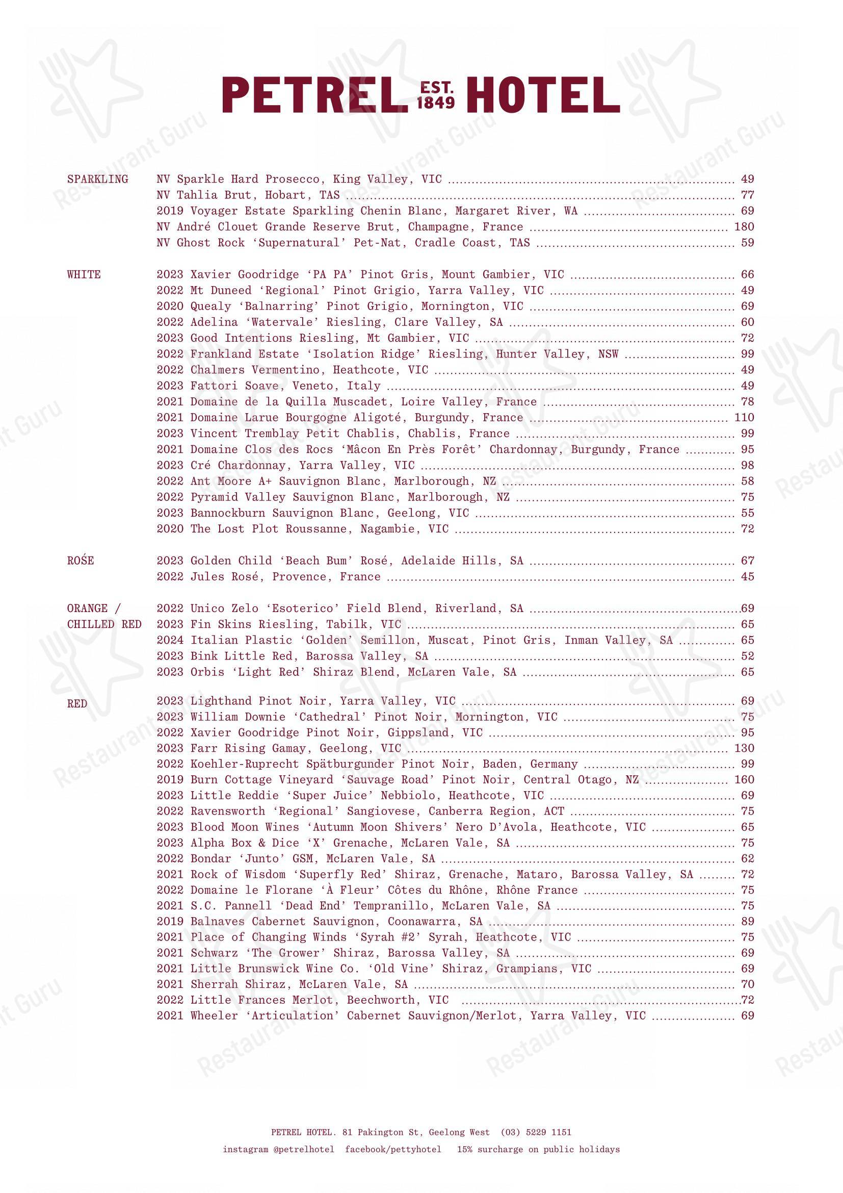 Menu at Petrel Hotel restaurant, Geelong West