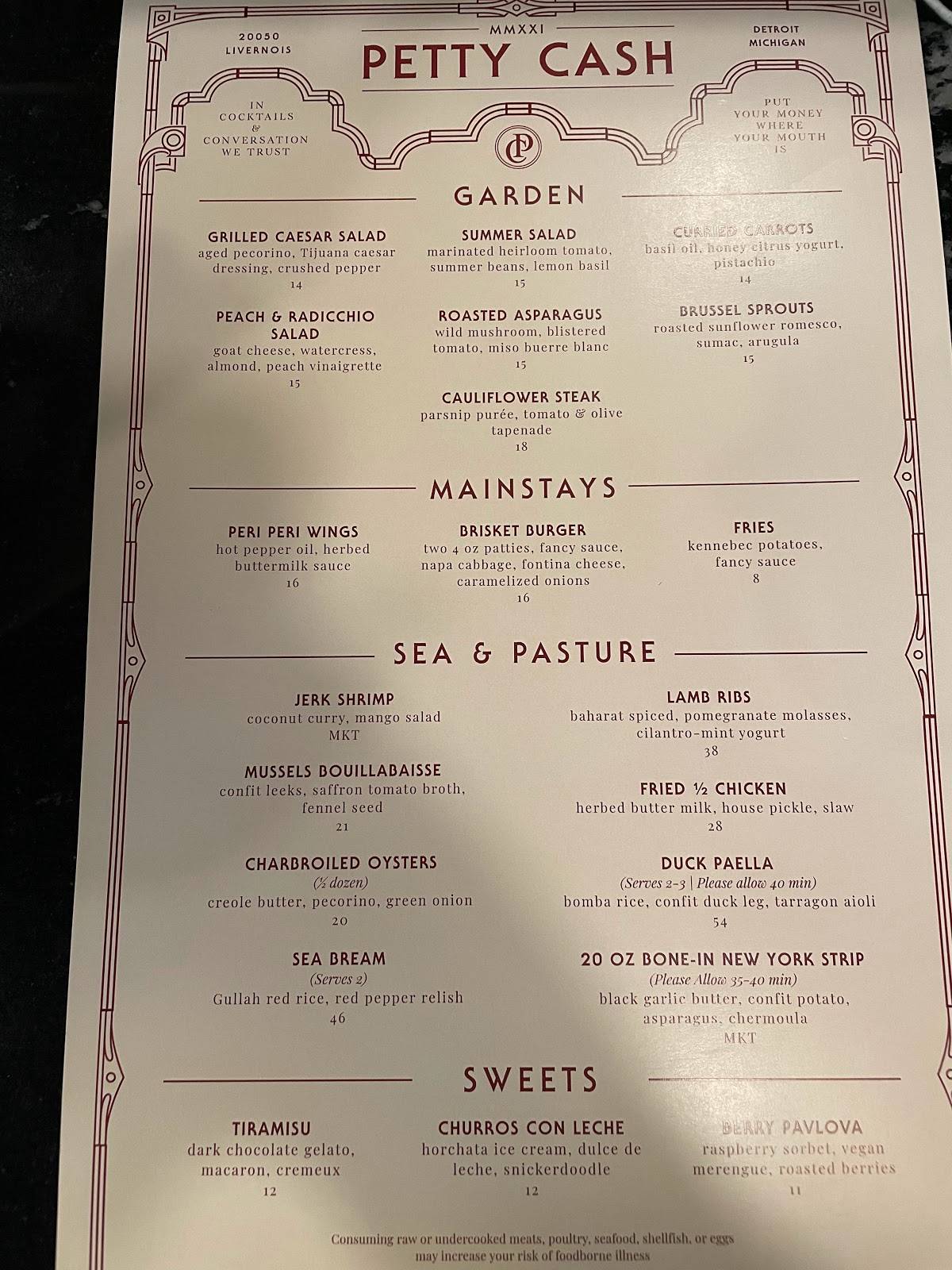Menu at Petty Cash pub & bar, Detroit