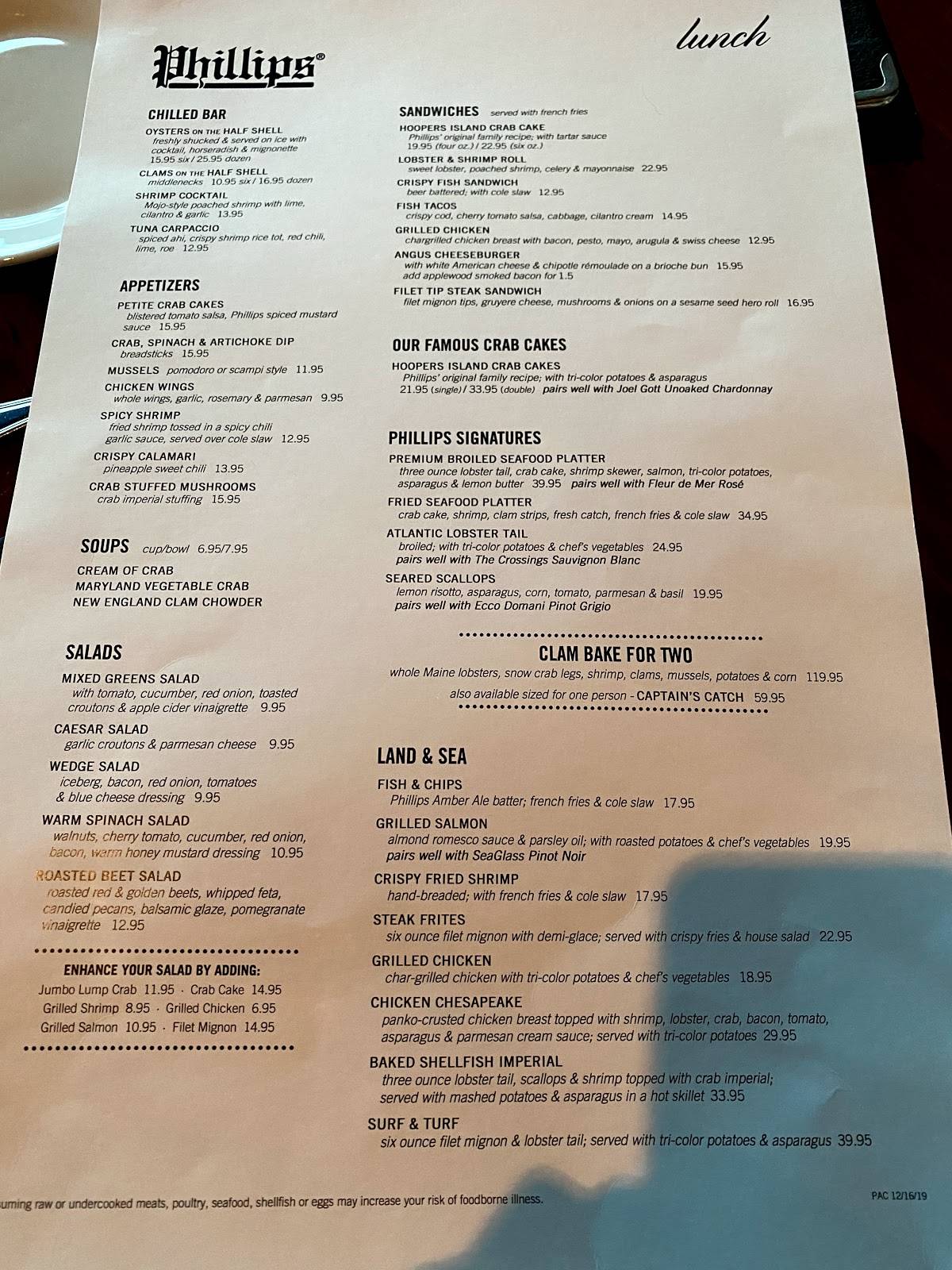 Menu at Phillips Seafood restaurant, Atlantic City