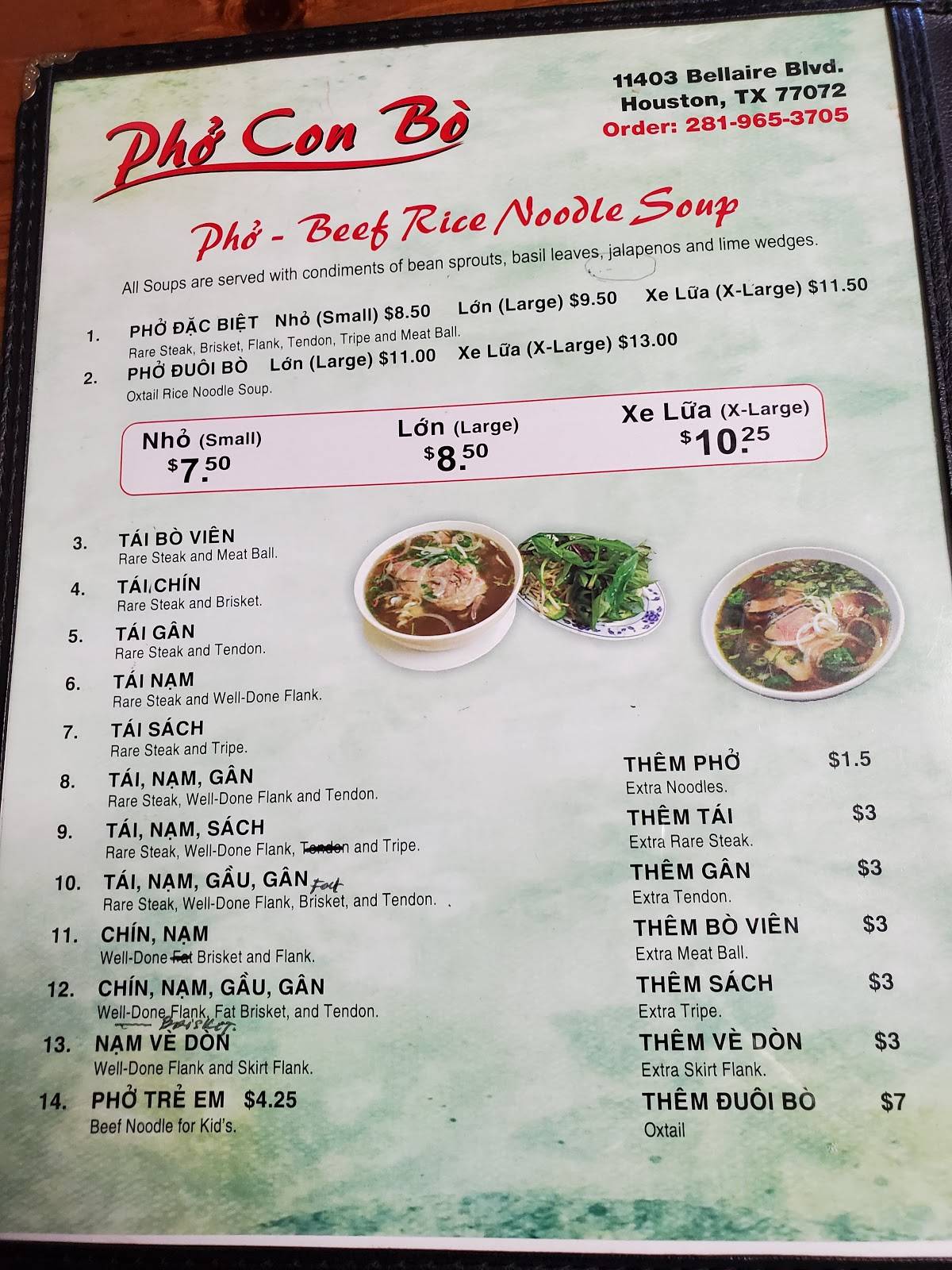 Menu at Pho Con Bo restaurant, Houston, Bellaire Blvd