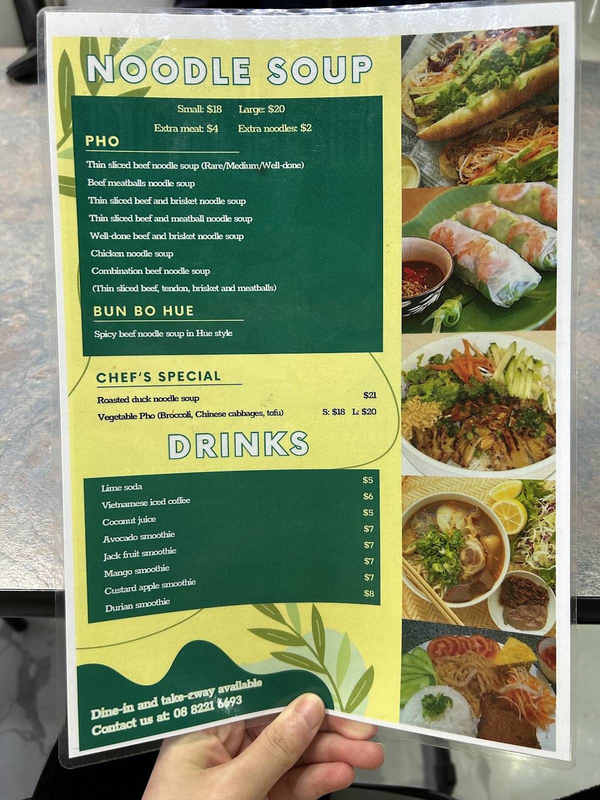 Menu at Pho Ha Long restaurant, Adelaide