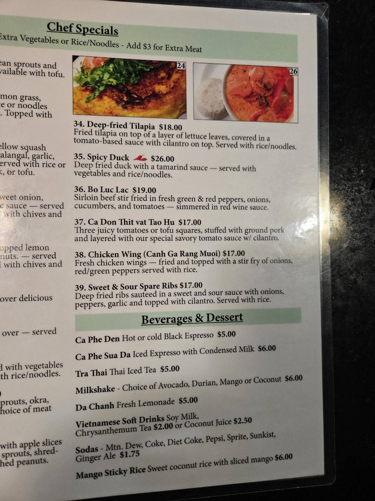 Menu at Pho Hong restaurant, Burlington