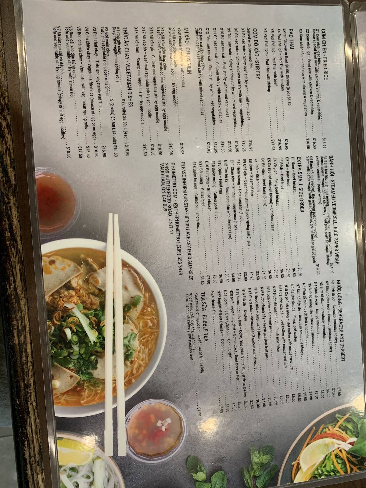 Carta del restaurante Pho Metro Vaughan, Vaughan