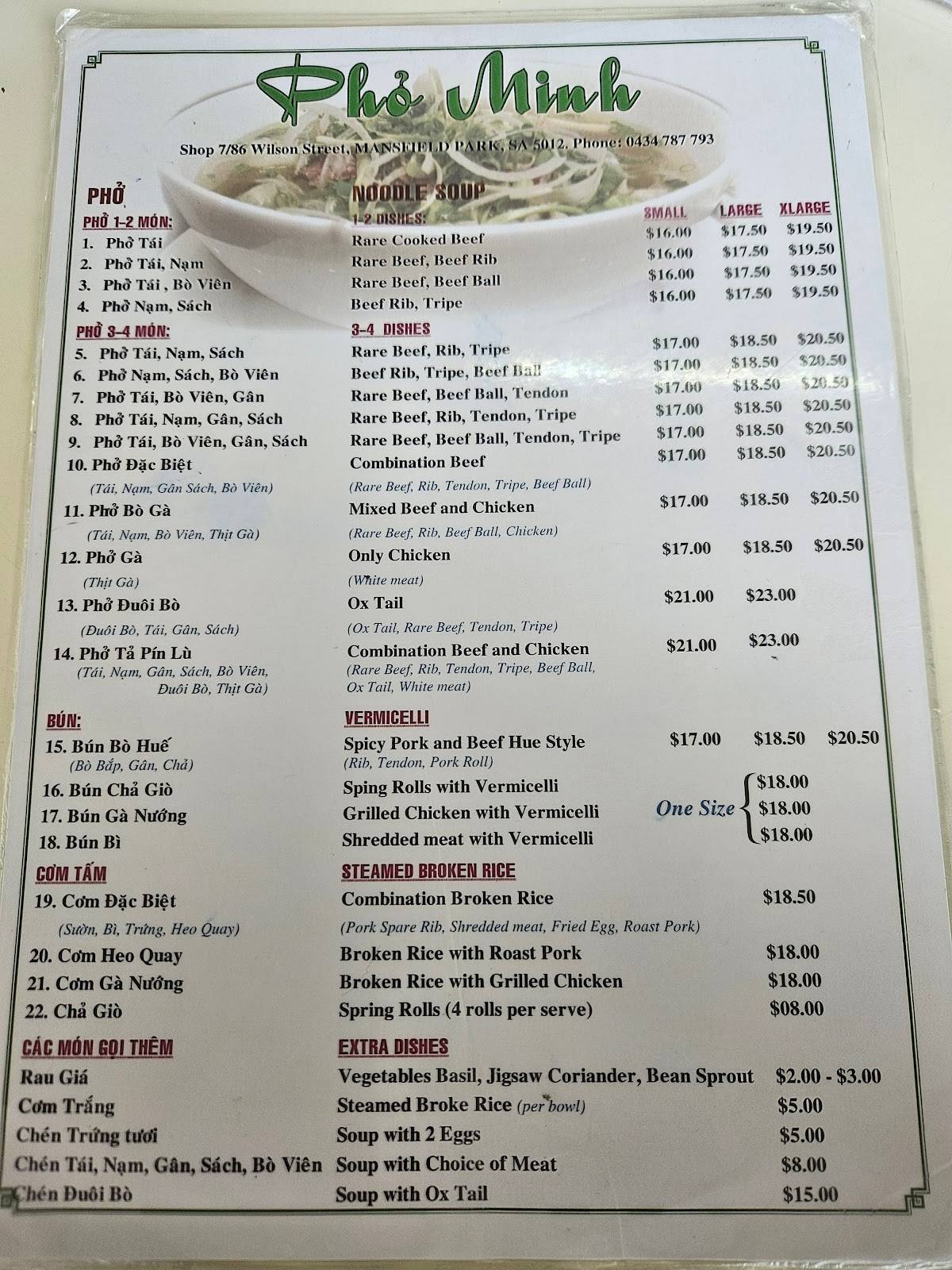 Menu at Pho Minh restaurant, Mansfield Park