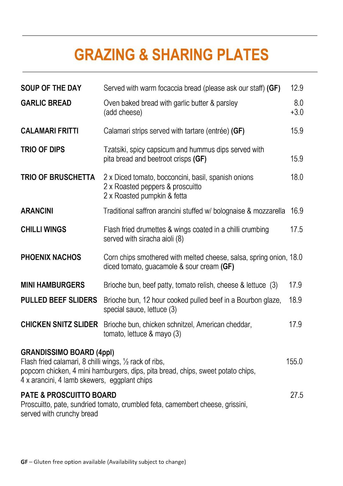 Menu at Phoenix and Co restaurant, Plenty