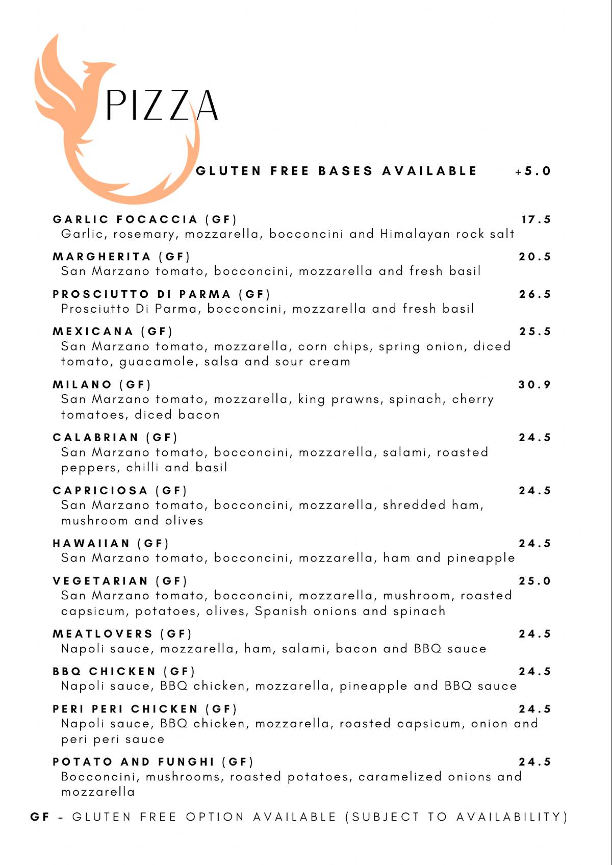 Menu at Phoenix and Co restaurant, Plenty