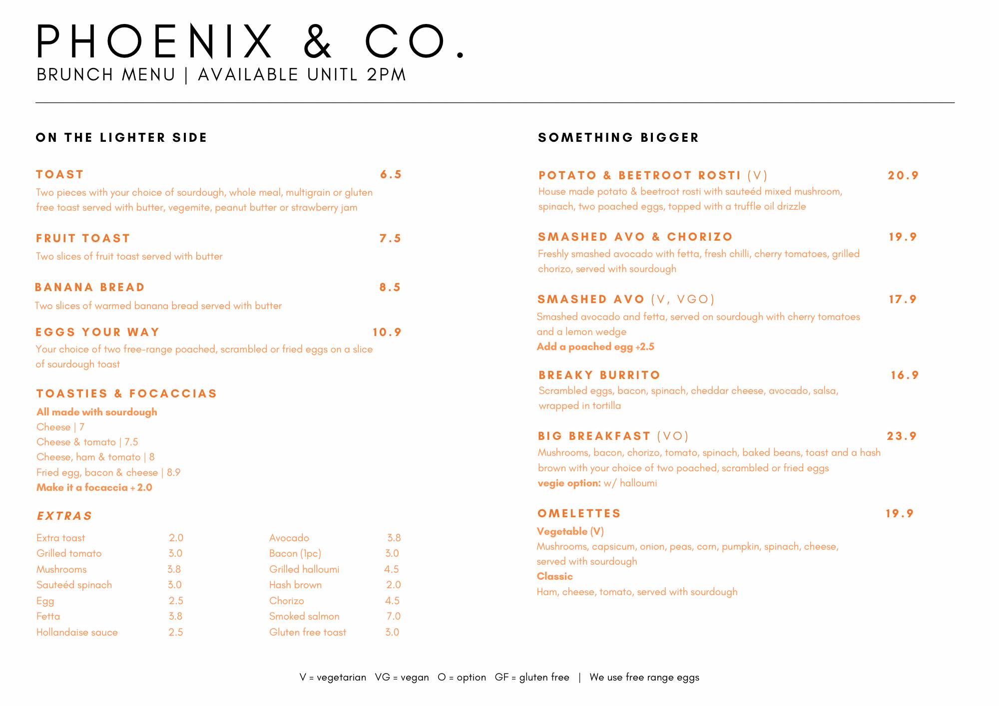 Menu at Phoenix and Co restaurant, Plenty