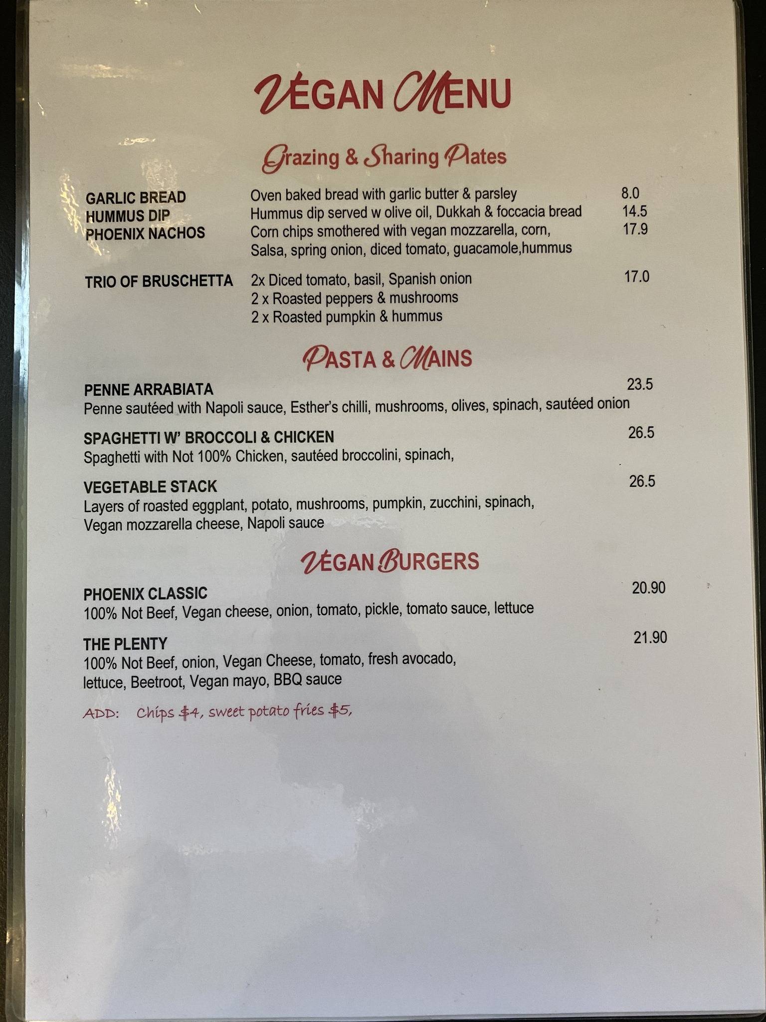 Menu at Phoenix and Co restaurant, Plenty