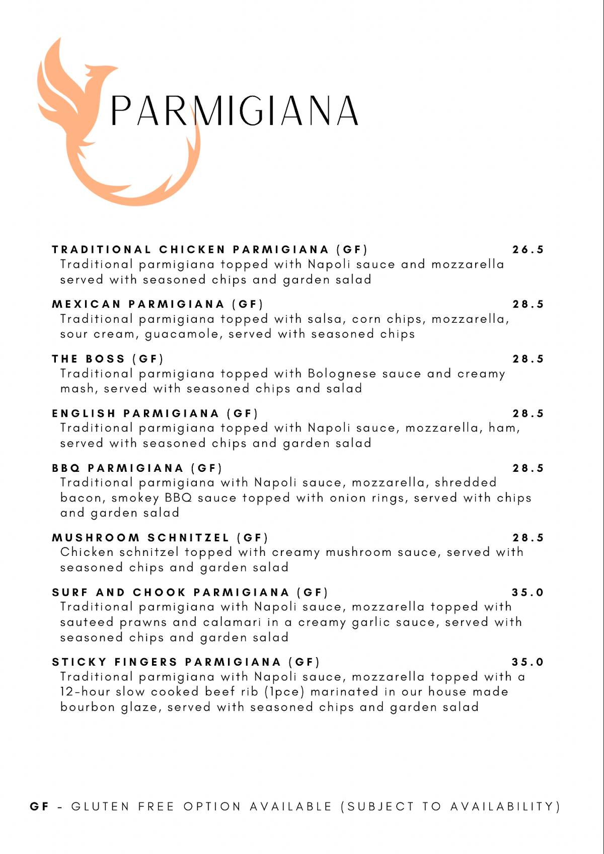 Menu at Phoenix and Co restaurant, Plenty
